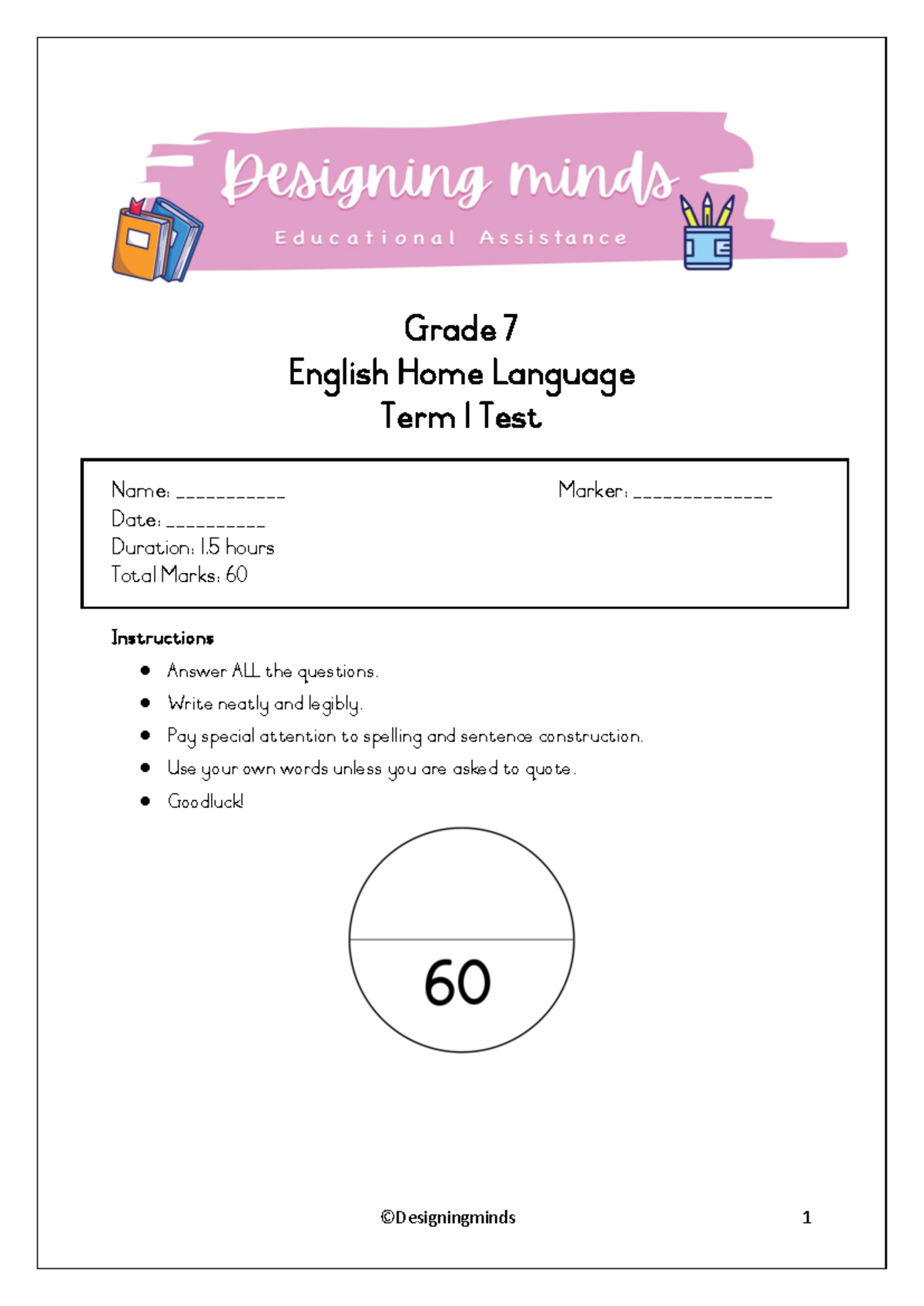 Grade 7 English HL Term 1 Test & Memo: Reading & Language Skills - Studocu