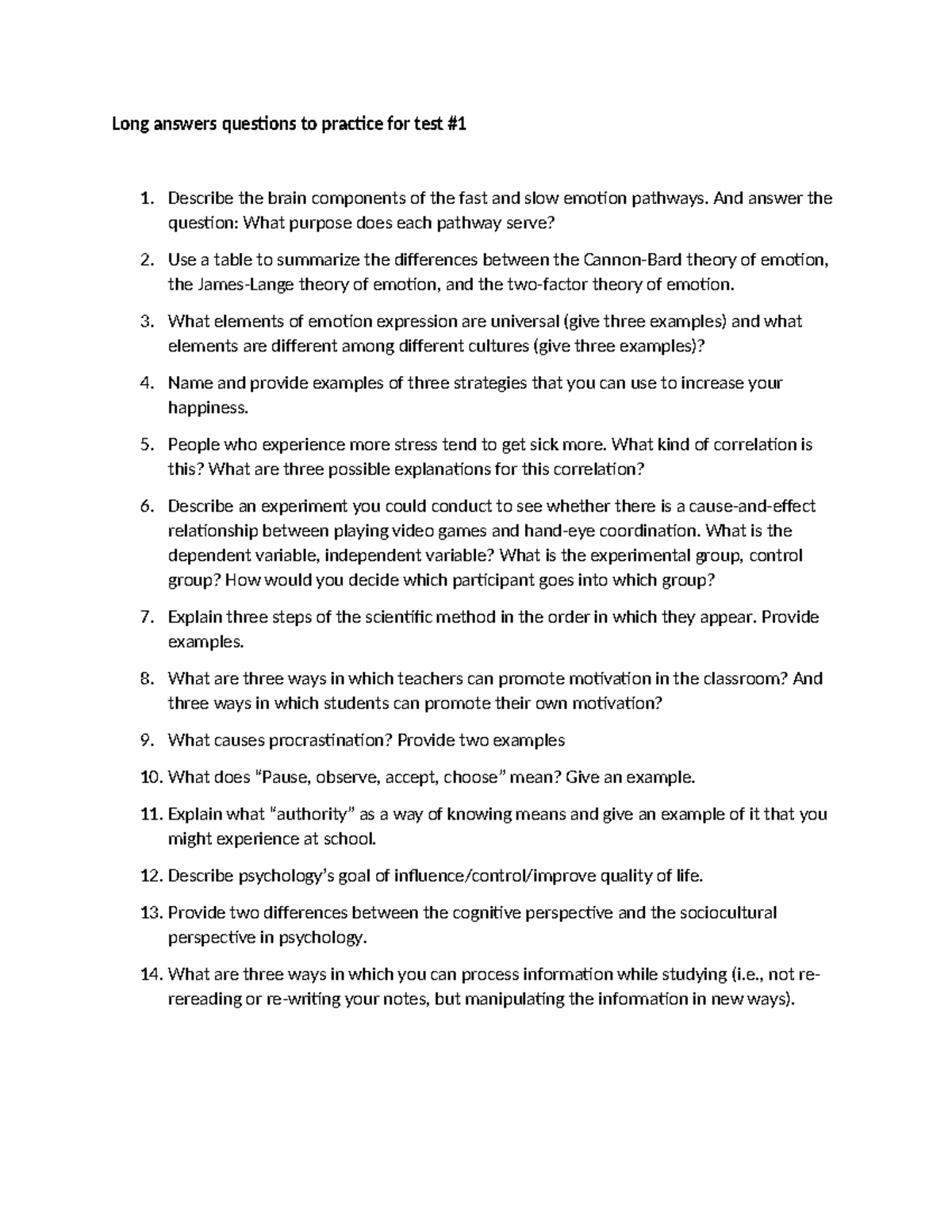 Psychology Review: Long Answer Questions for Test Preparation - Studocu