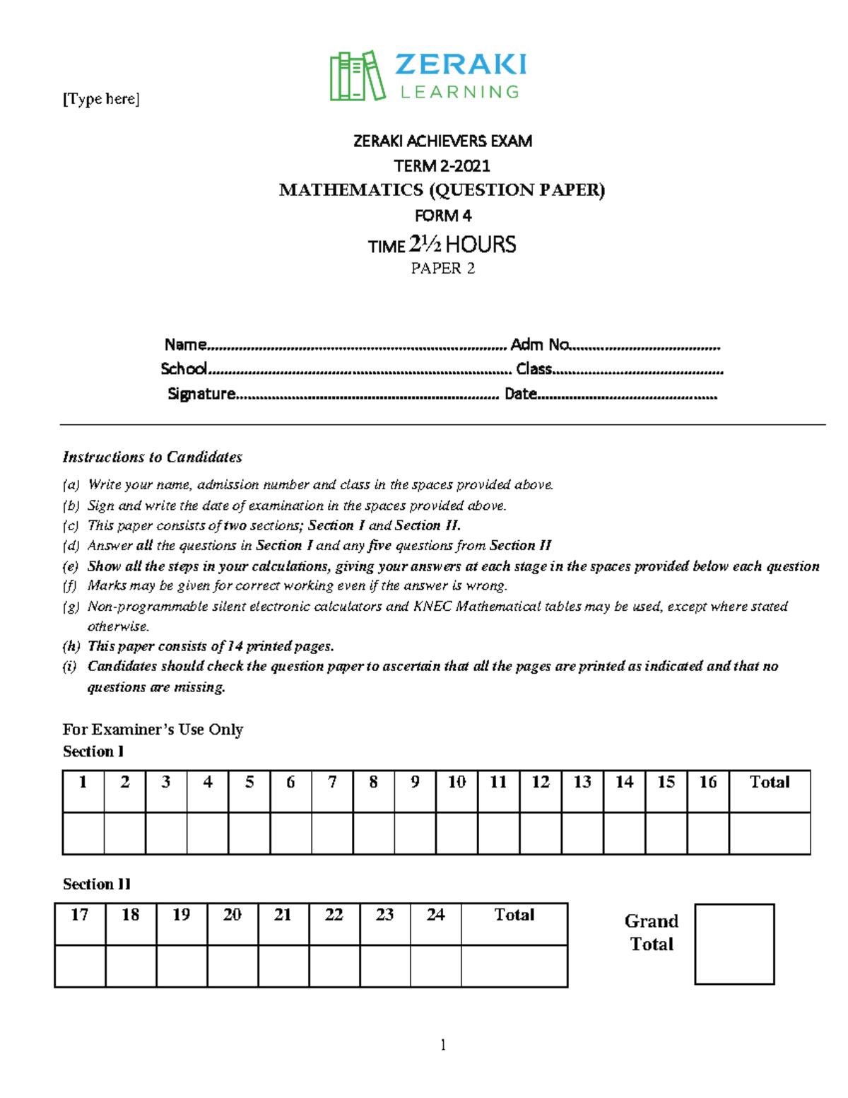 Mathematics Form 4 Term 2 Paper 2 - Zeraki Achievers 4.0 Marking Scheme - Studocu