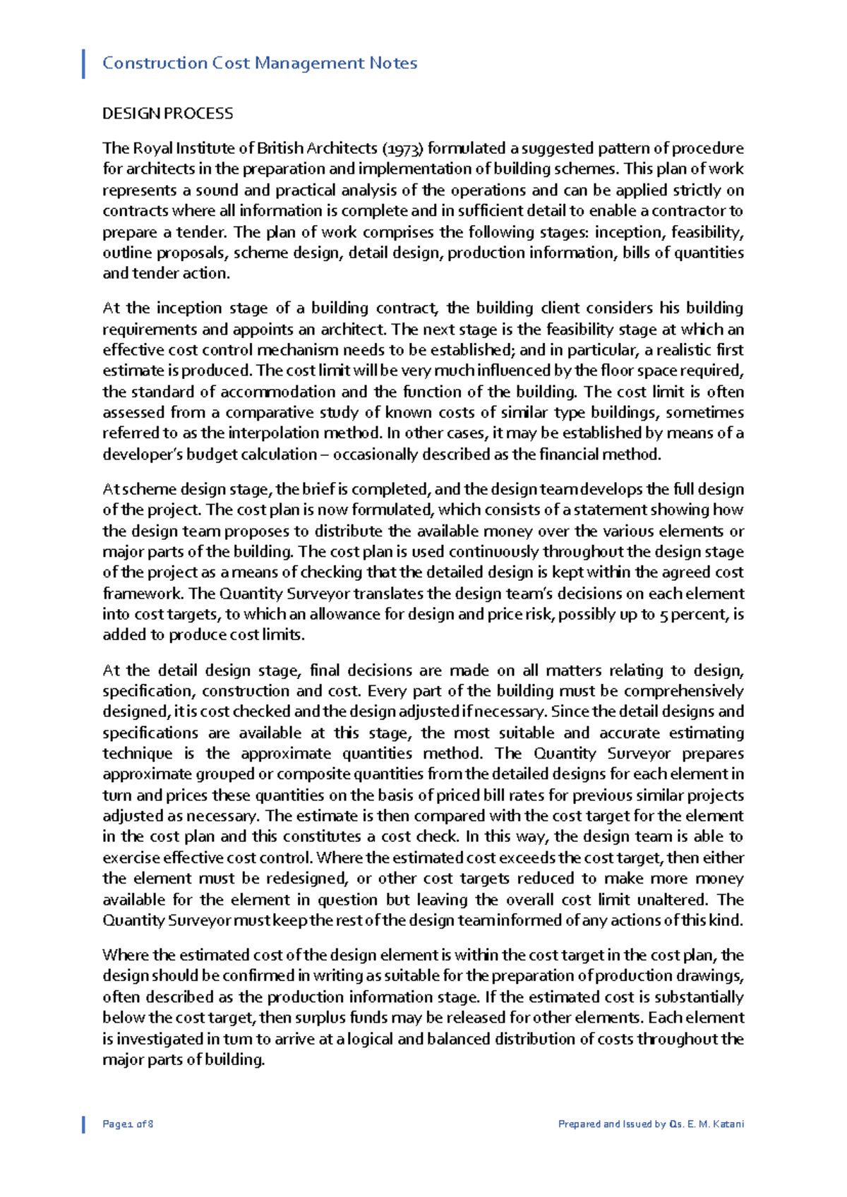 Construction Cost Management Notes II - Quantity Surveying - UoN - Studocu