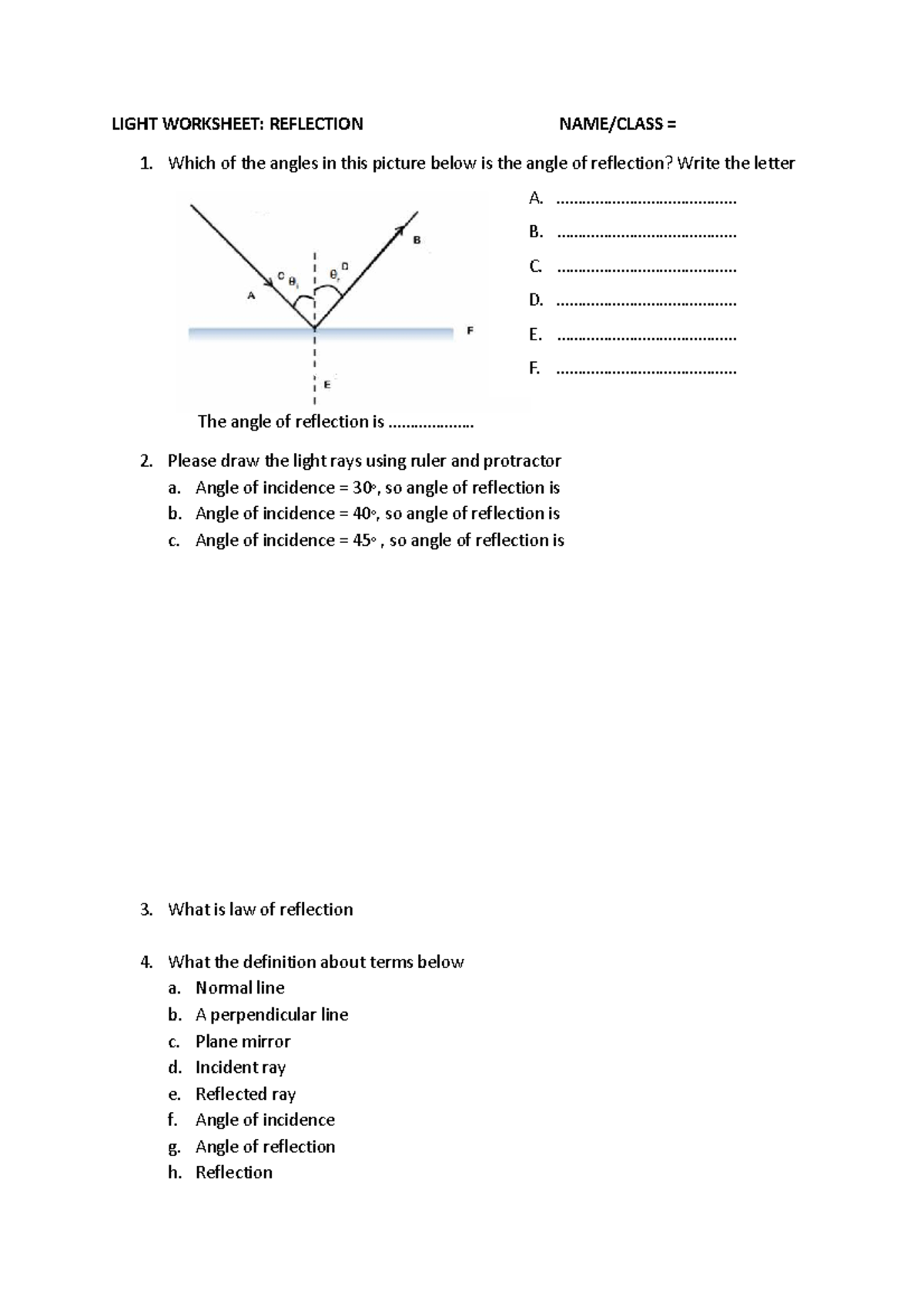 LIGHT WORKSHEET: REFLECTION ANGLES & LAWS - Studocu
