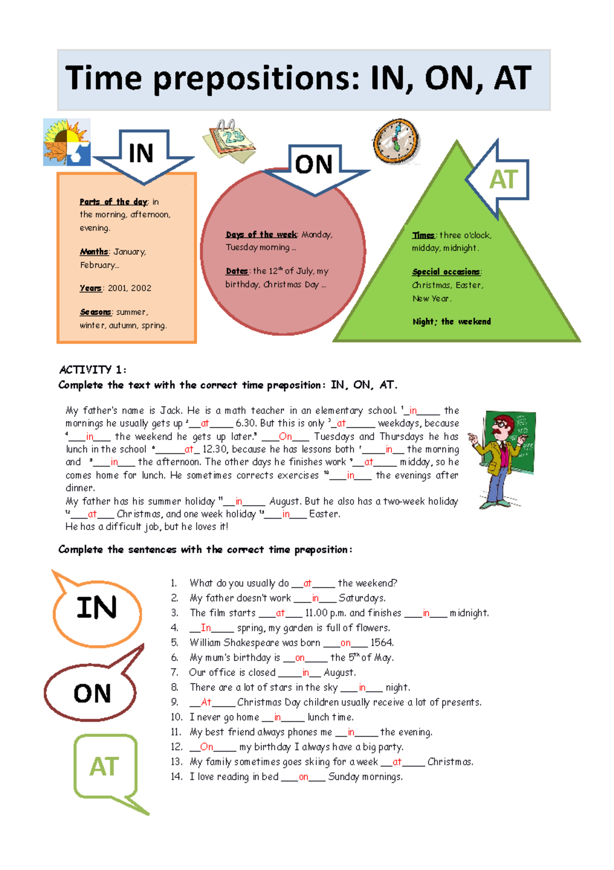 Time Prepositions Practice Worksheet: IN, ON, AT Activities - Studocu