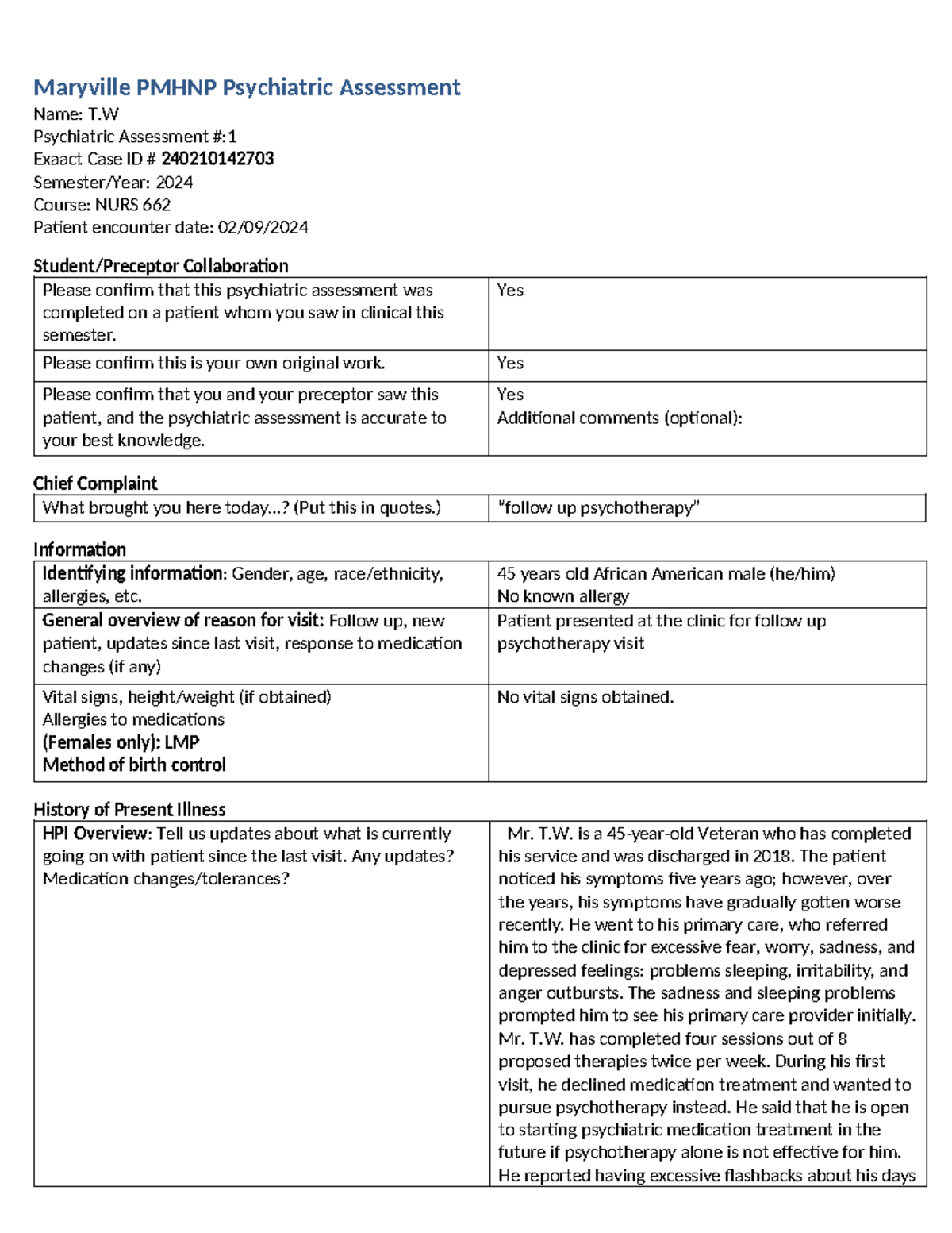 NURS 662 Week 4 Psychiatric Assessment Template - Case Review - Studocu