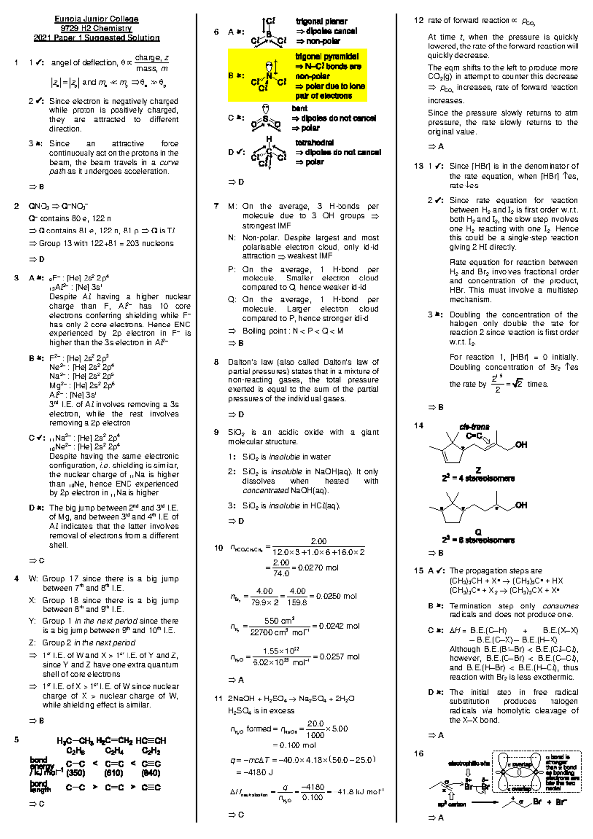 2021 GCE A-Level H2 Chemistry Paper 1 Suggested Solutions - Studocu