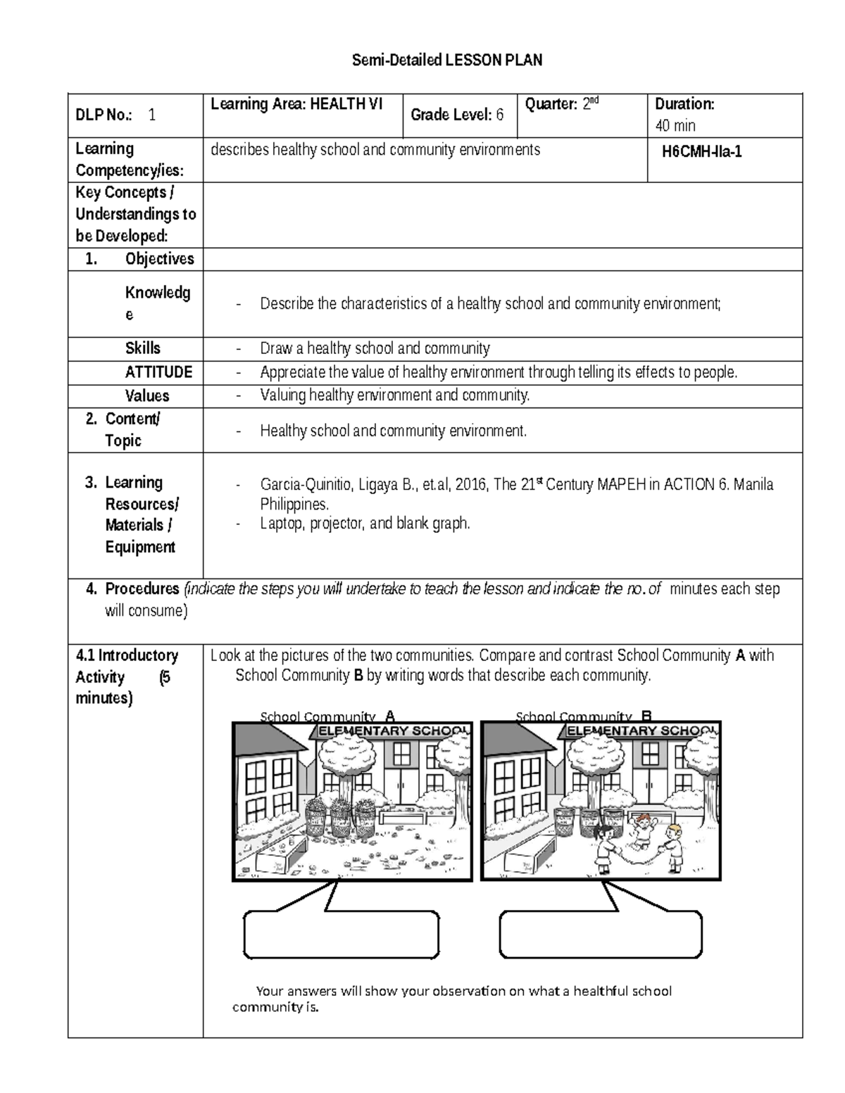Lesson Plan for Health VI (Grade 6) - Healthy School & Community - Studocu