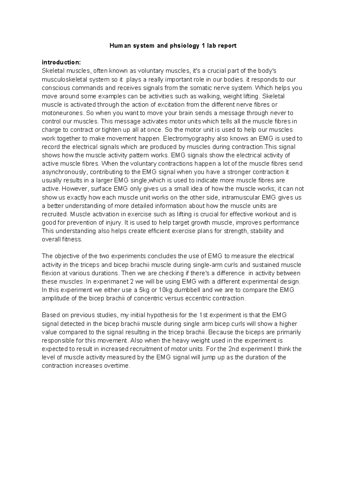 Human system and physiology 1 lab report: Skeletal muscle EMG analysis ...