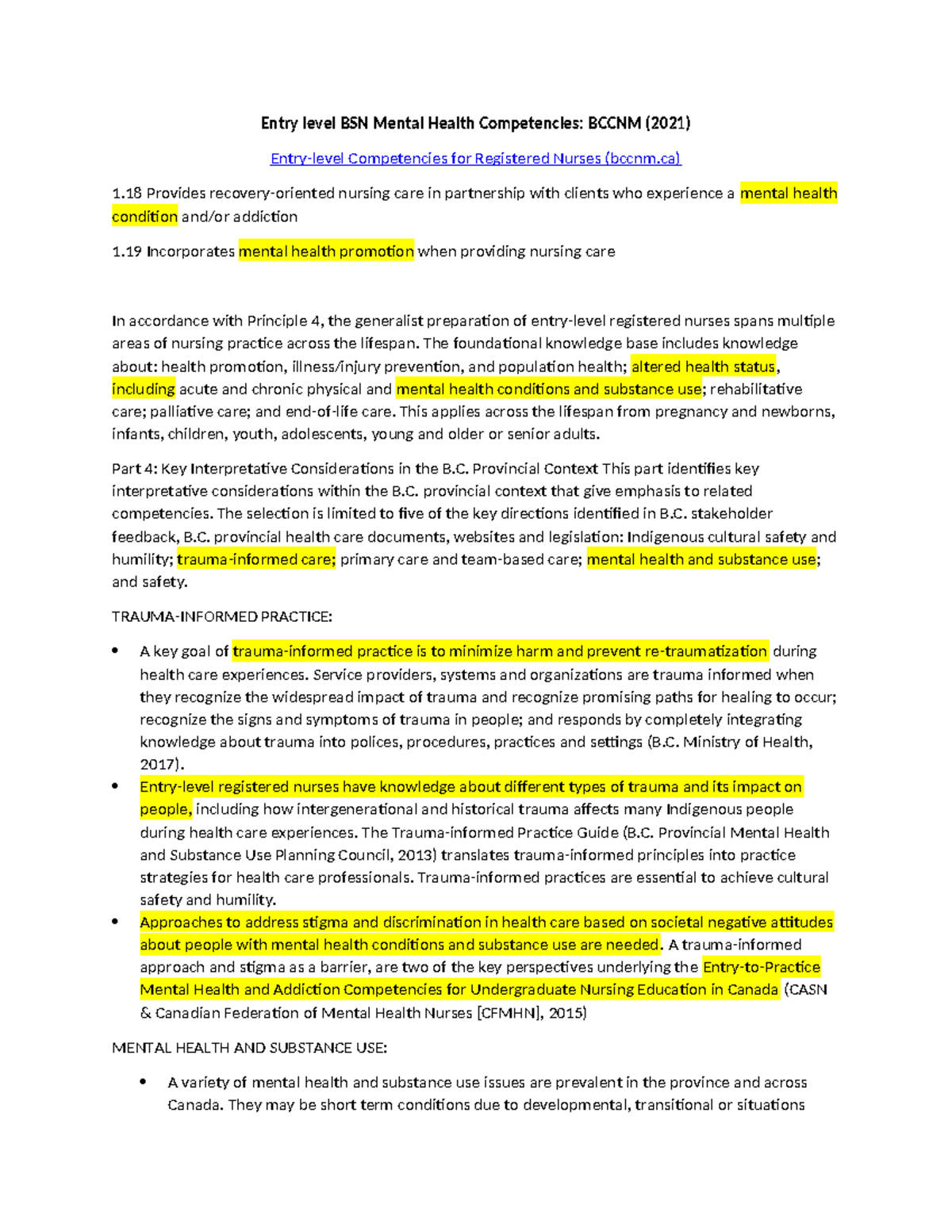 Entry-Level BSN RN Competencies for Mental Health Practice - Studocu