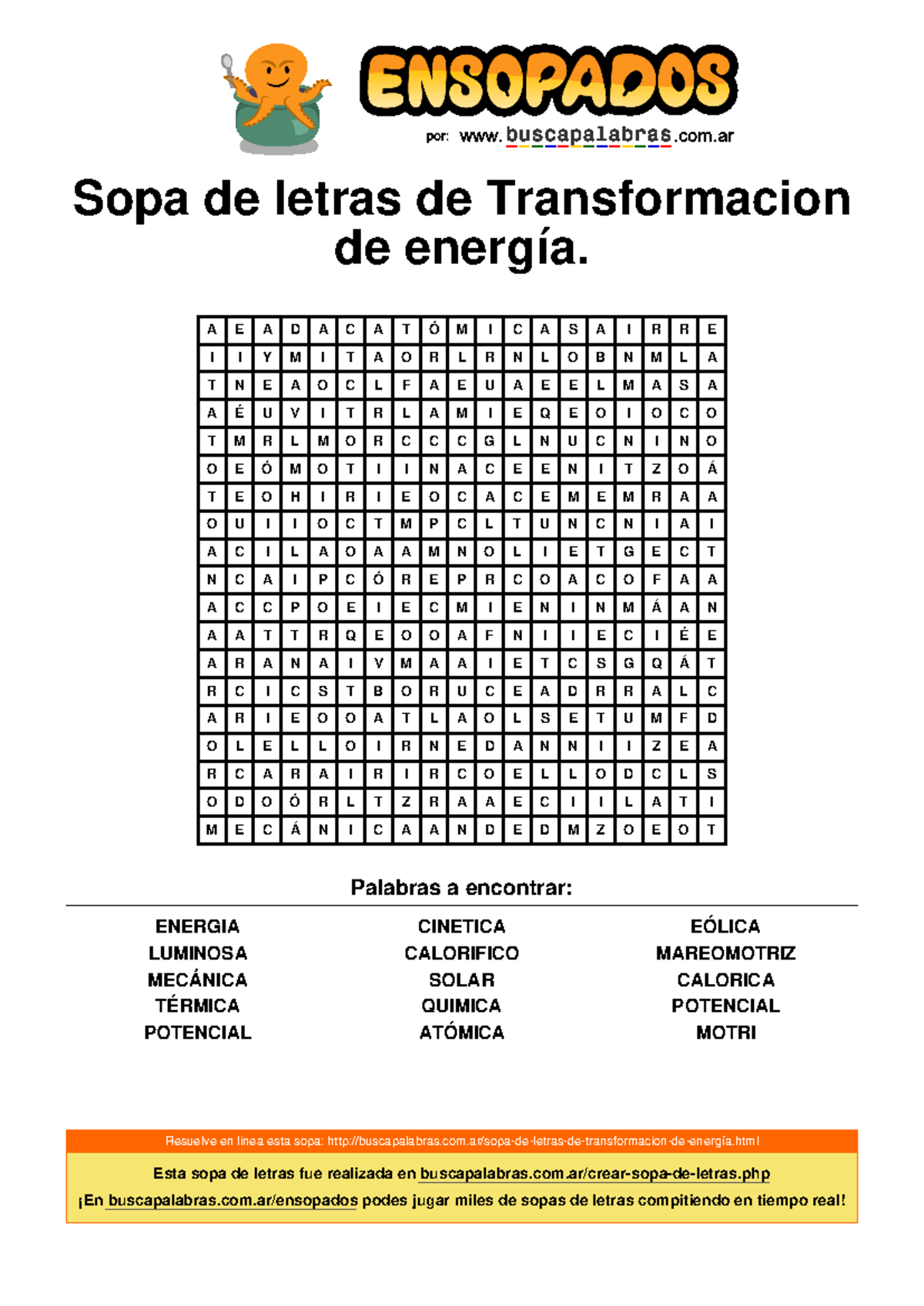 Sopa de Letras sobre Transformación de Energía - Energía y Mecánica ...