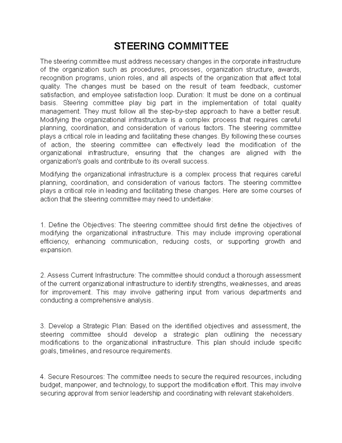 Steering Committee: Modifying Organizational Infrastructure for TQM ...