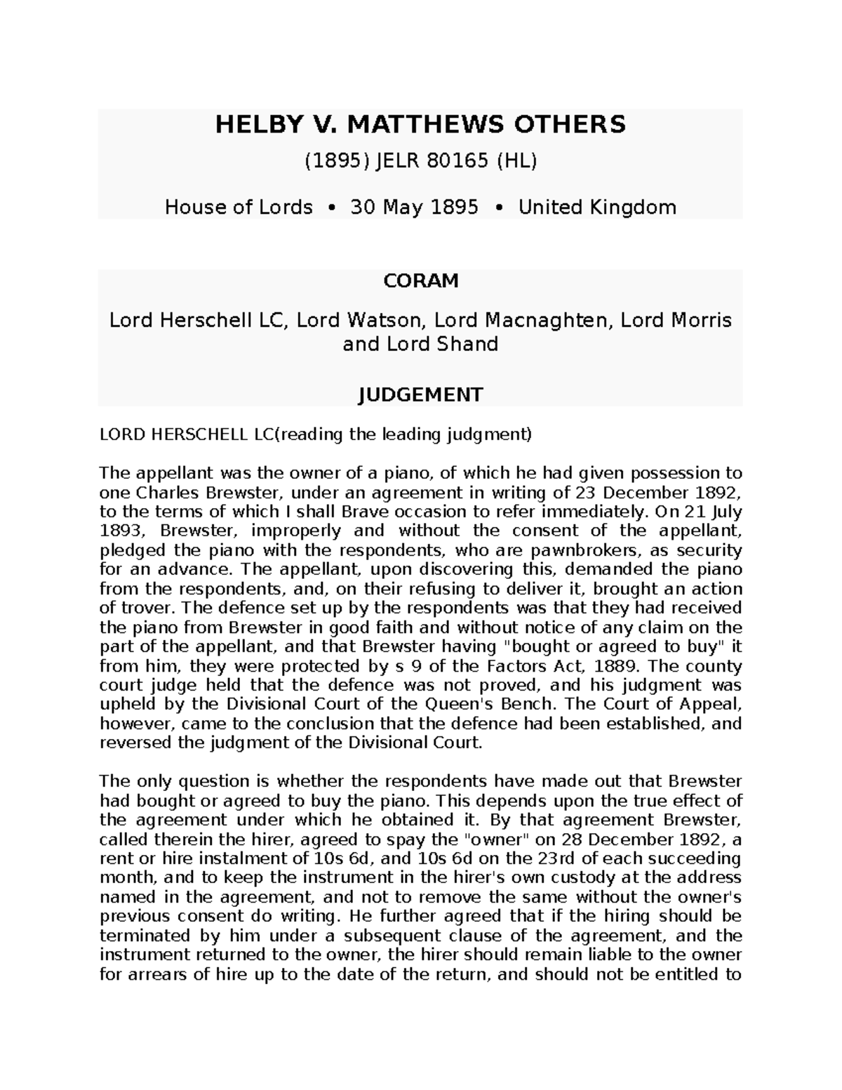 Helby v Matthews - Hirer vs Owner: Legal Judgment Overview - Studocu