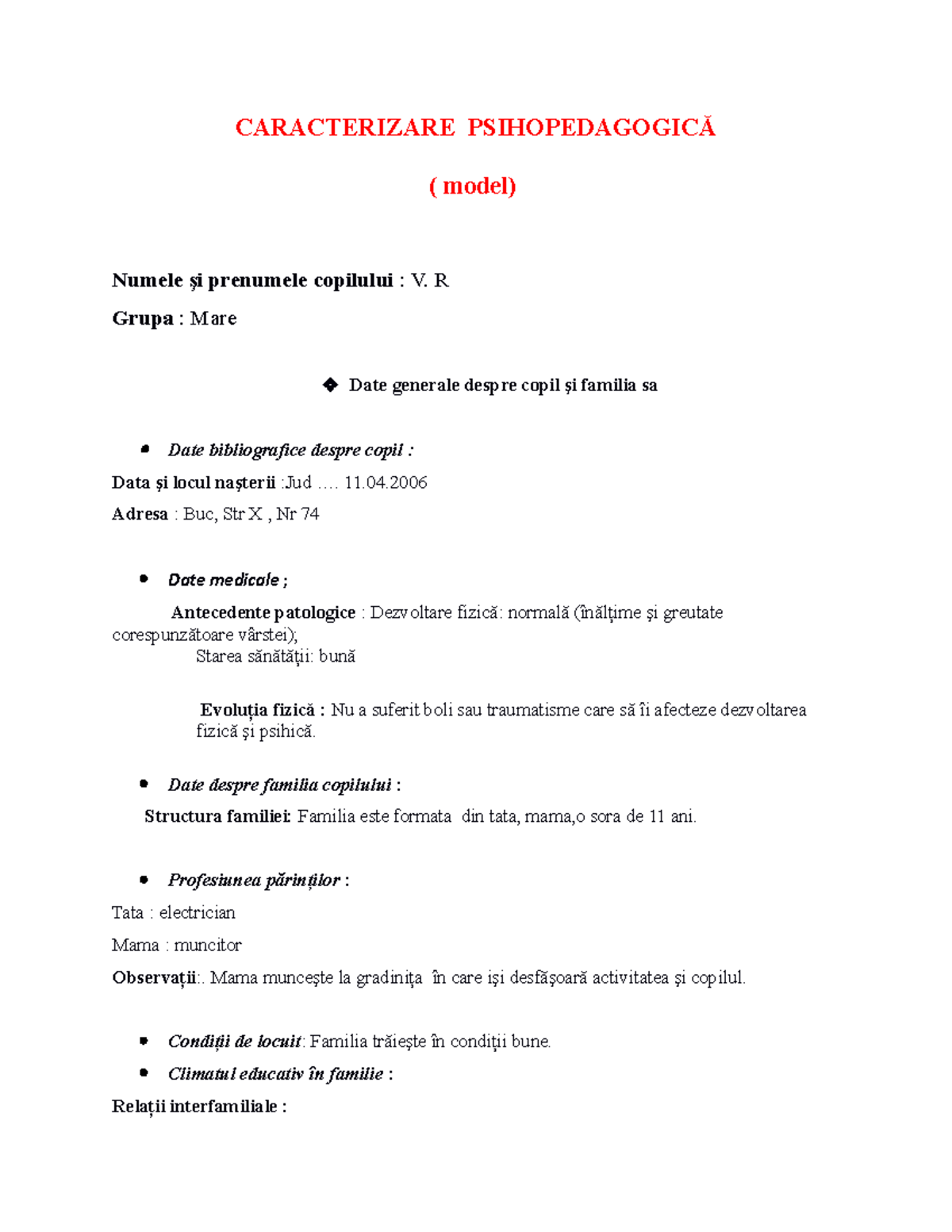 Caracterizare Psihopedagogică a Copilului V. R - Grupa Mare - Studocu