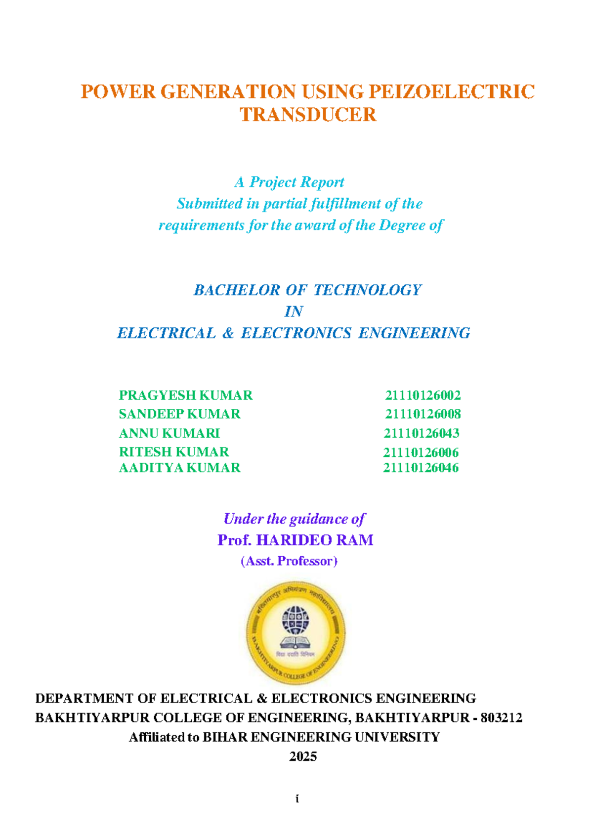 Power Generation via Piezoelectric Transducer: B.Tech Project Report ...