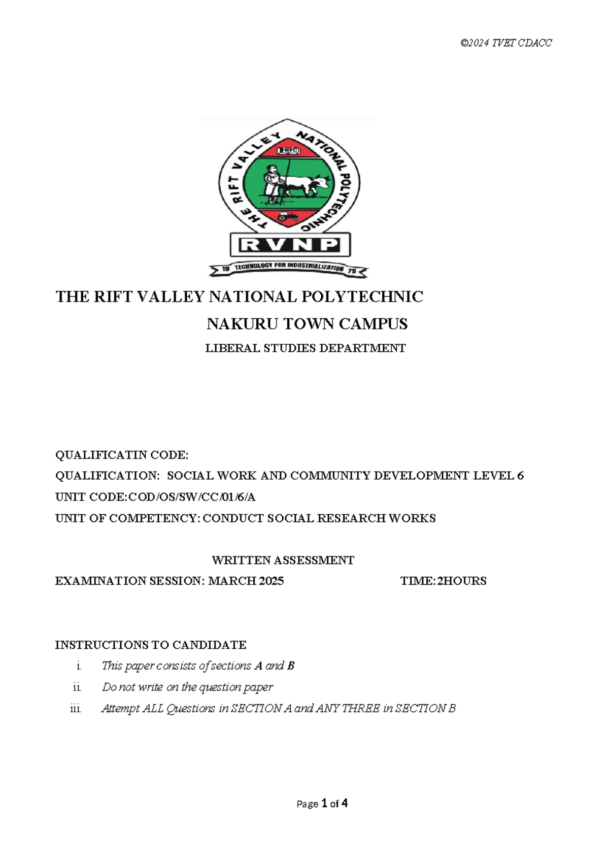 TVET CDACC Level 6 Social Work & Community Dev. Exam - March 2025 - Studocu