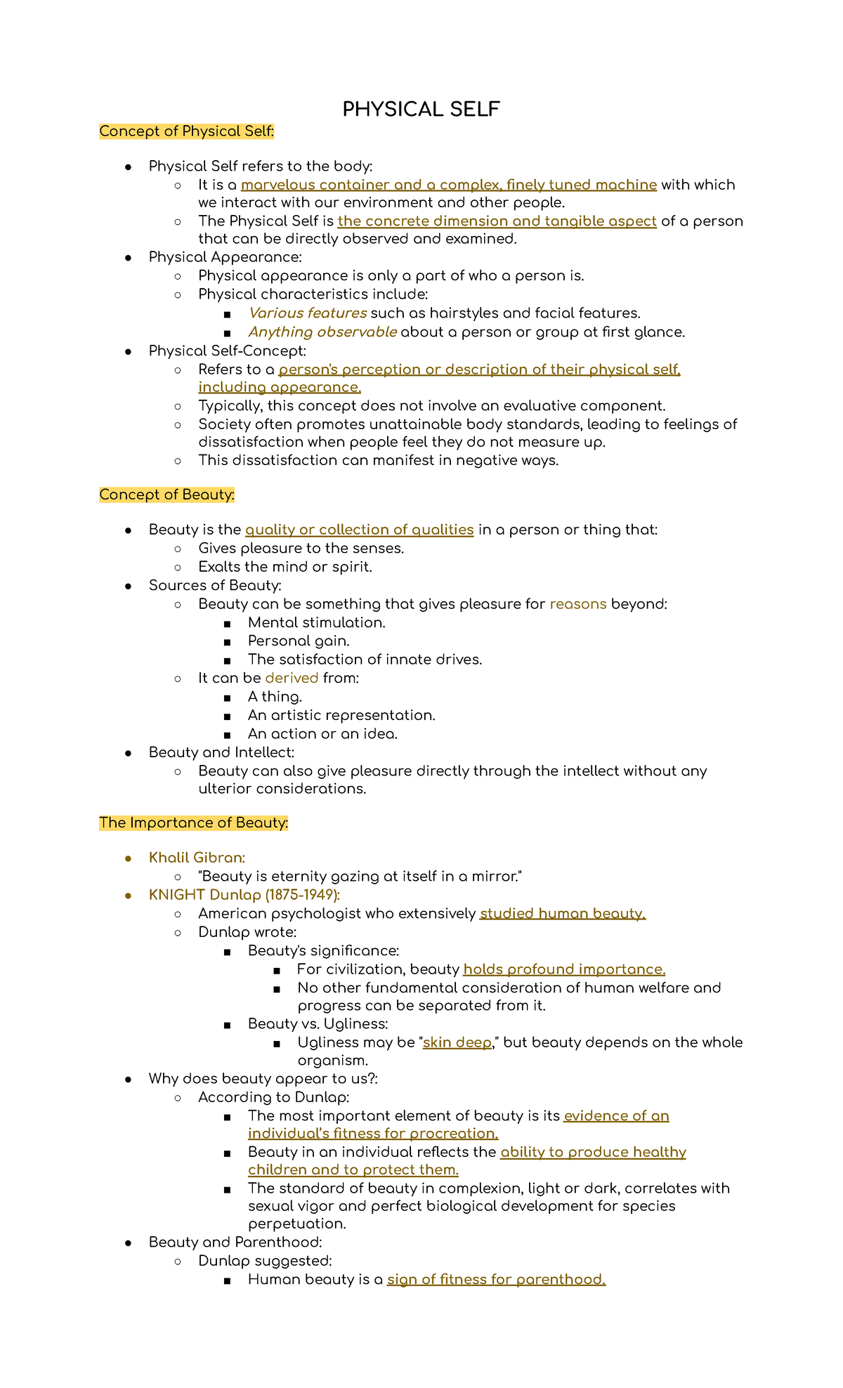 Physical SELF - PHYSICAL SELF Concept of Physical Self: Physical Self refers to the body: It is ...