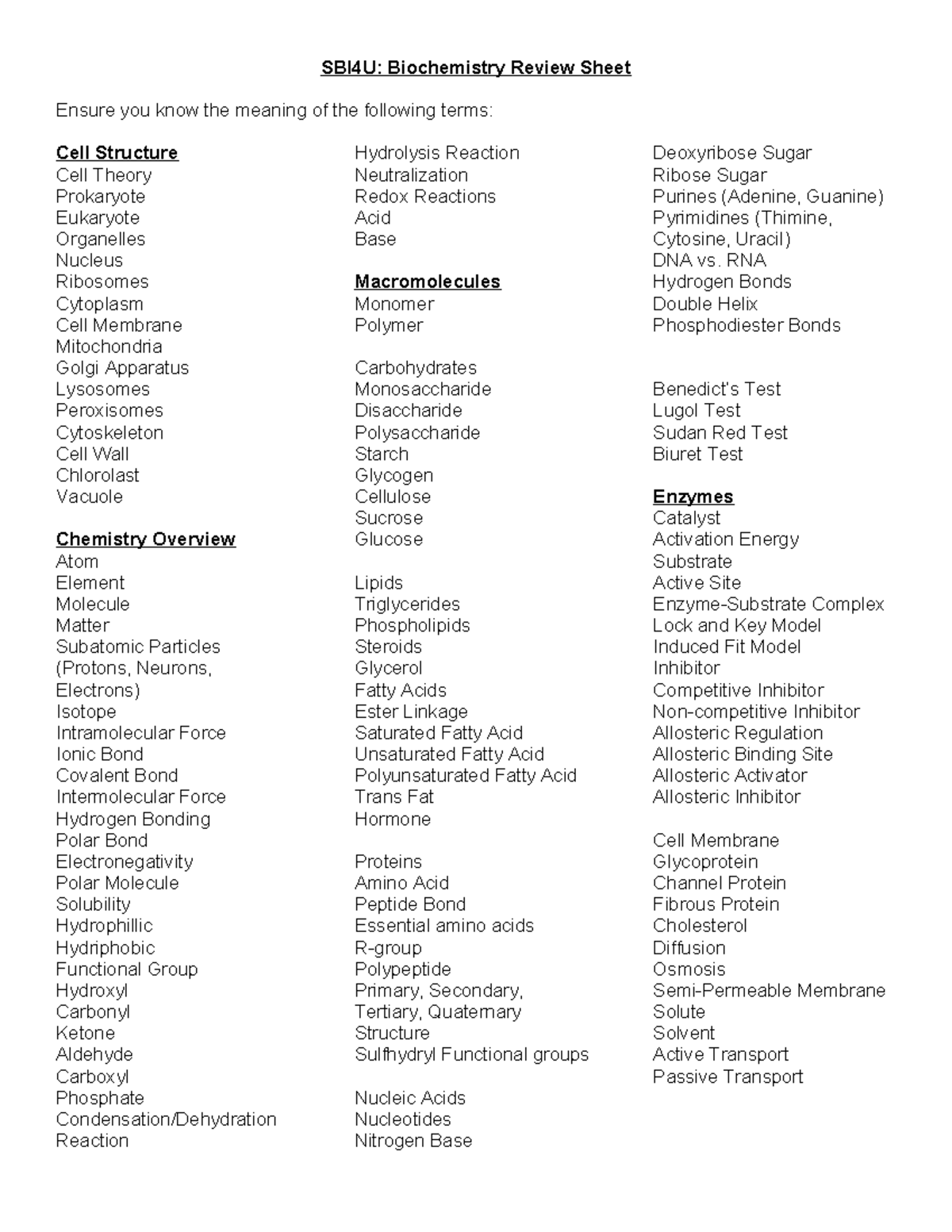 SBI4U Biochemistry Review Sheet: Key Terms and Concepts - Studocu