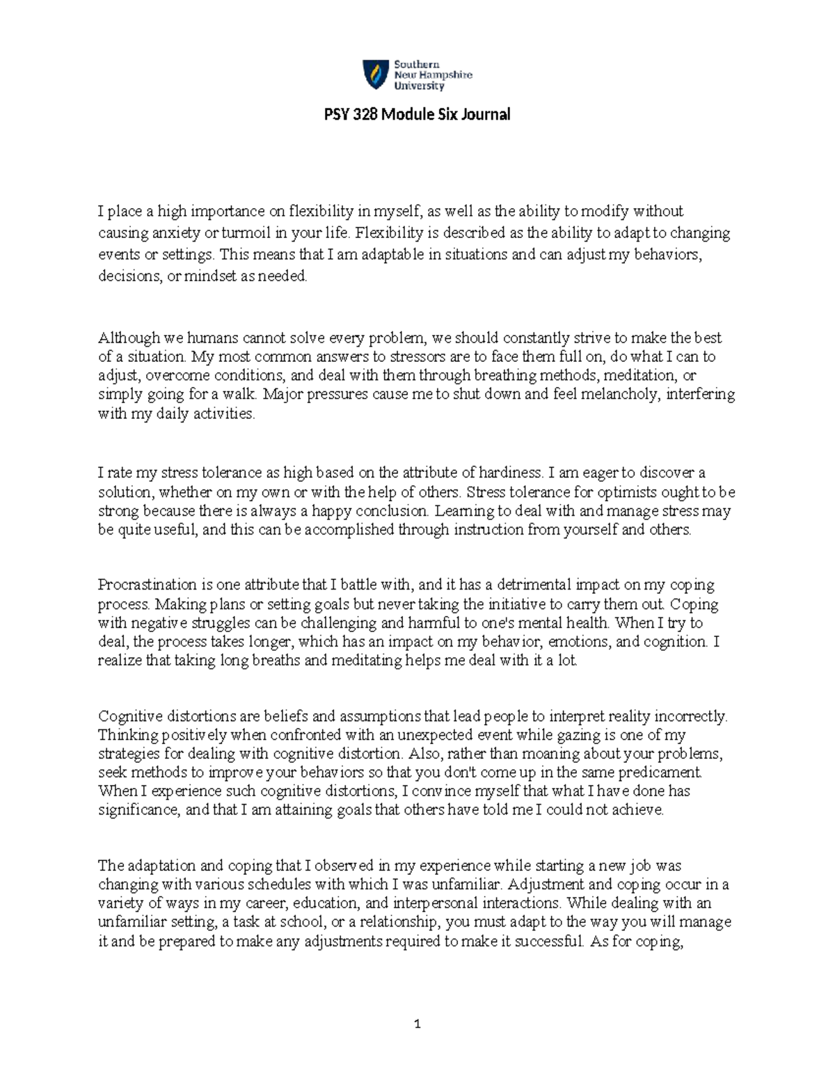PSY 328 Module Six Journal: Embracing Flexibility and Coping Strategies ...