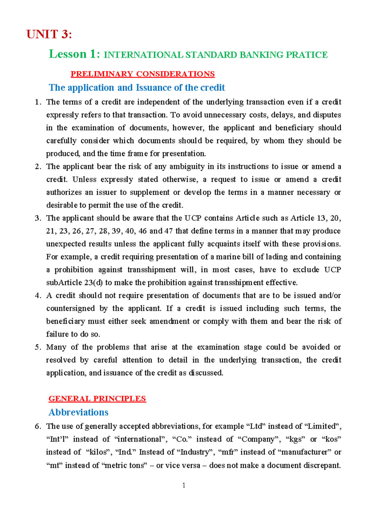 UNIT 3: Lesson 1 - International Standard Banking Practices - Studocu