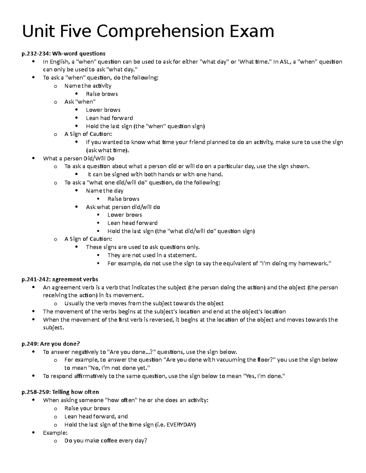 ASL 101: Unit Five Comprehension Exam Study Guide - Studocu