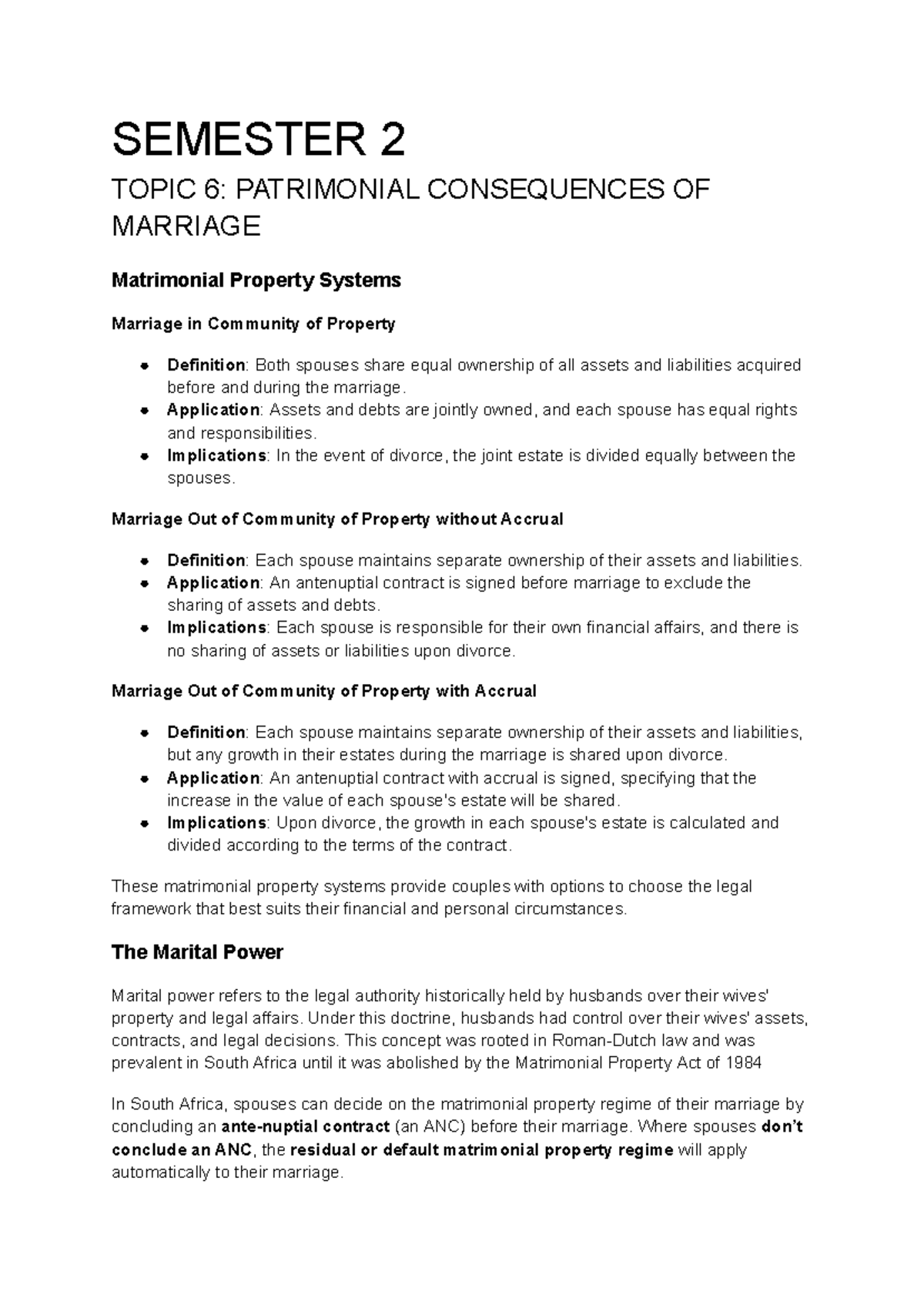 Family Law Notes: Matrimonial Property Regimes Overview (LAW101) - Studocu