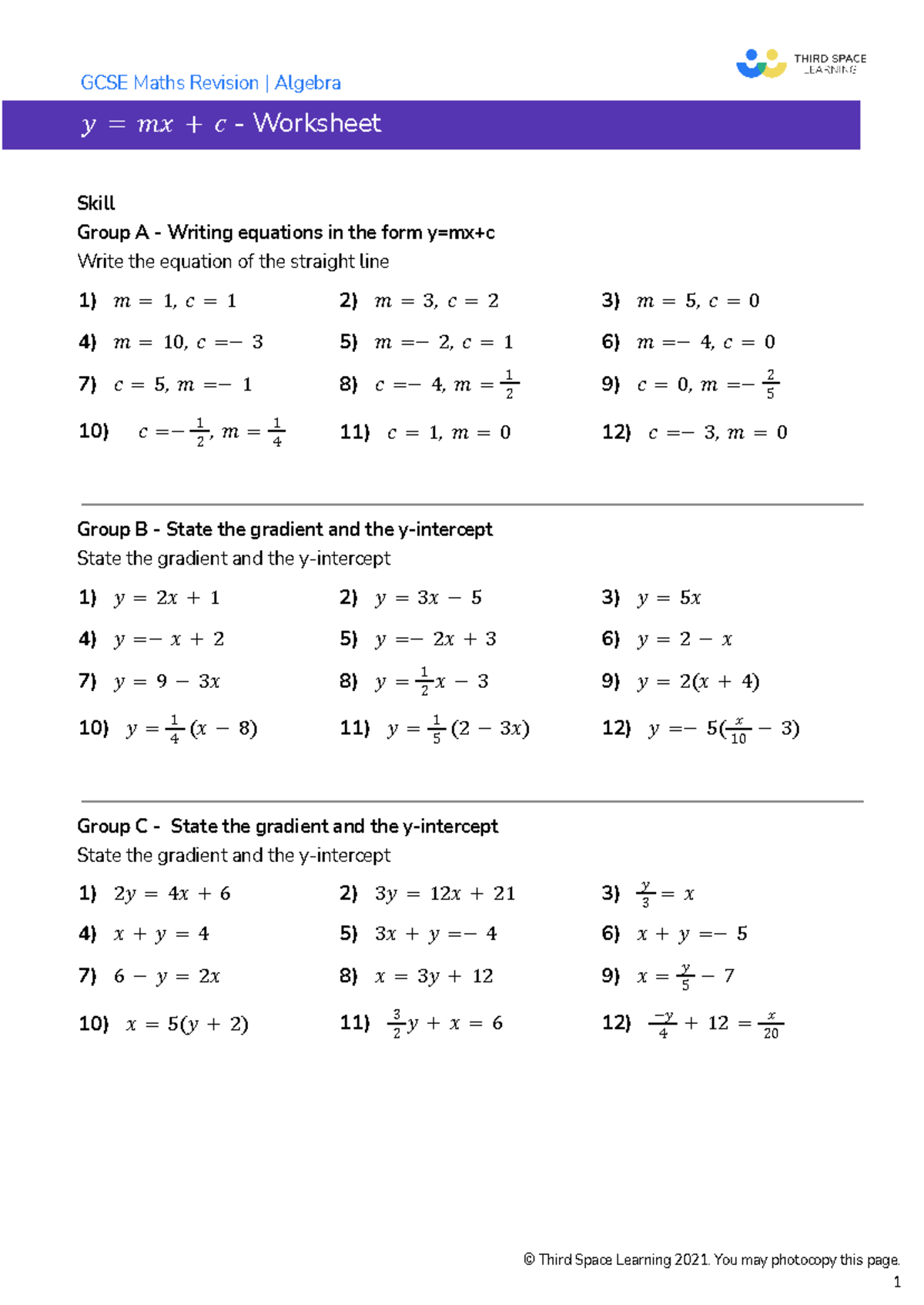 GCSE Maths Worksheet: Equations of Straight Lines and Gradients - Studocu