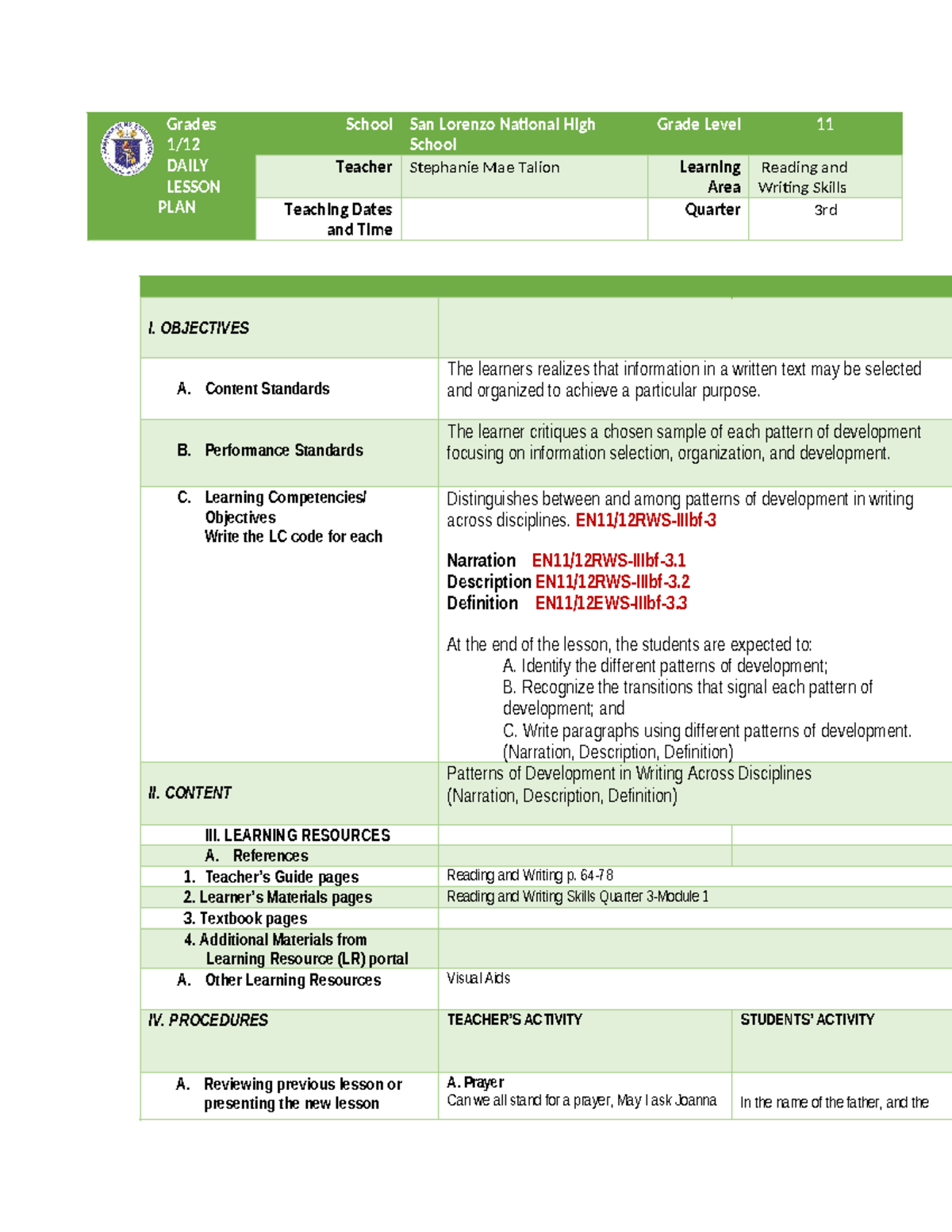 DLP-Template-English - Grades 1/ 12 DAILY LESSON PLAN School San ...