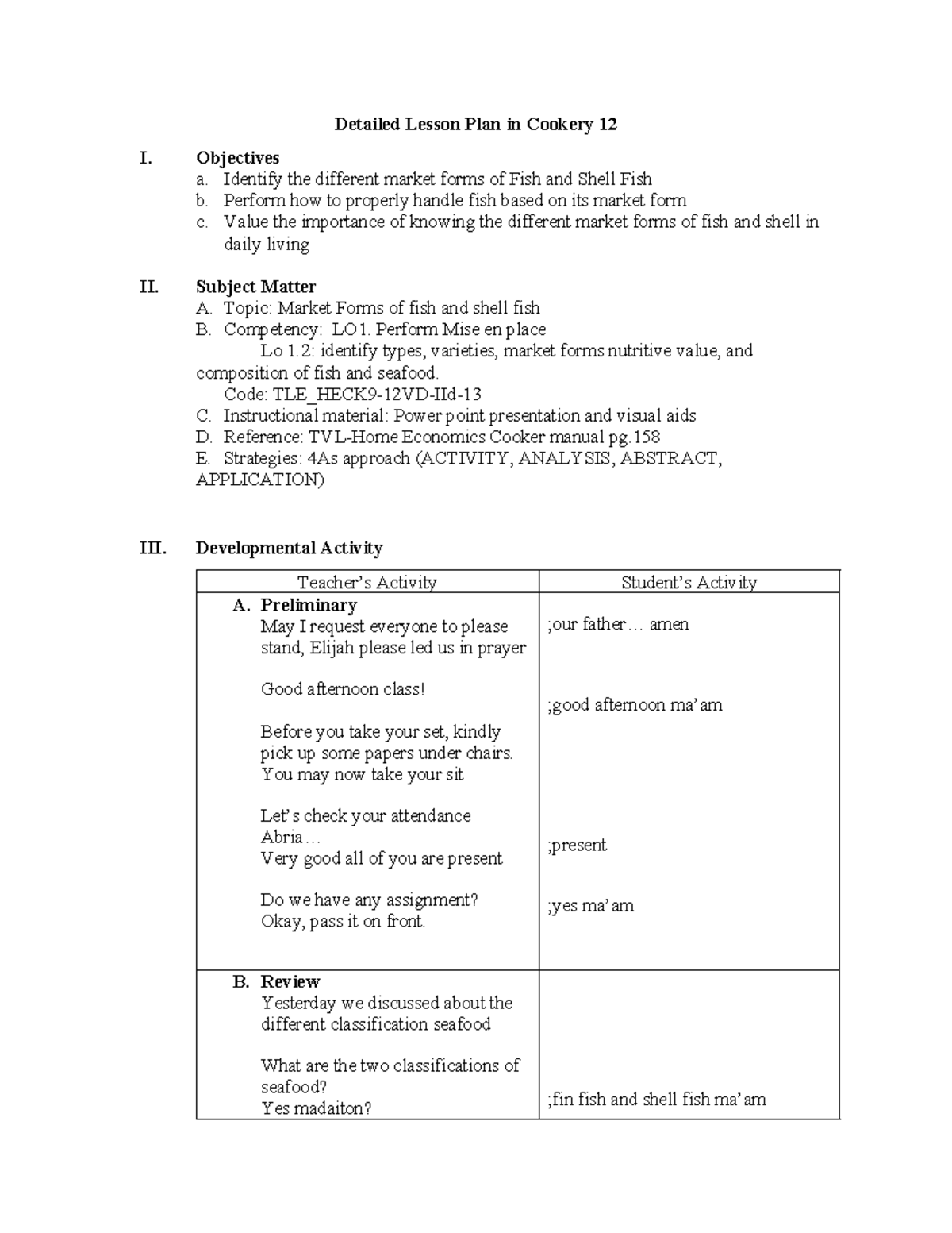 DLP 12: Lesson Plan on Market Forms of Fish and Shellfish for ...
