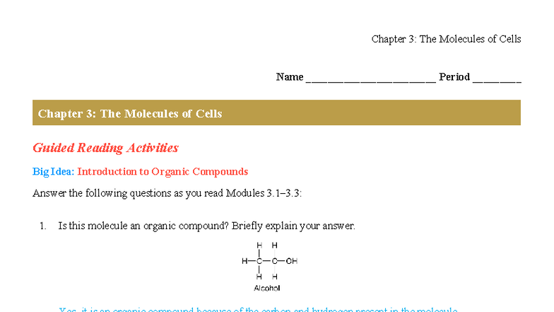 Chapter 3: The Molecules of Cells - Active Reading Guide Answers - Studocu