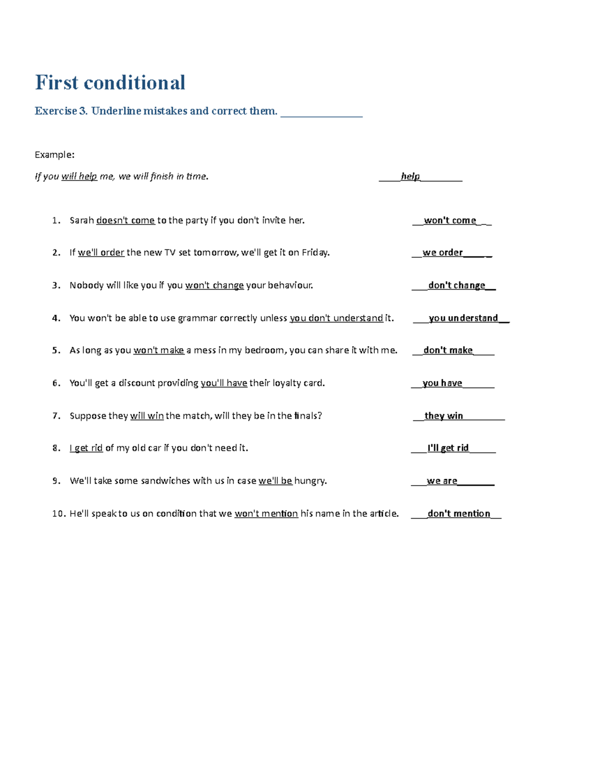 First Conditional Worksheet 3: Mistakes Correction Exercise - Studocu