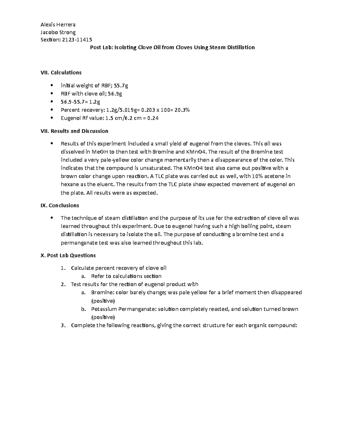 Post Lab-cloveoil - Organic 1 Lab work - Alexis Herrera Jacobo Strong ...