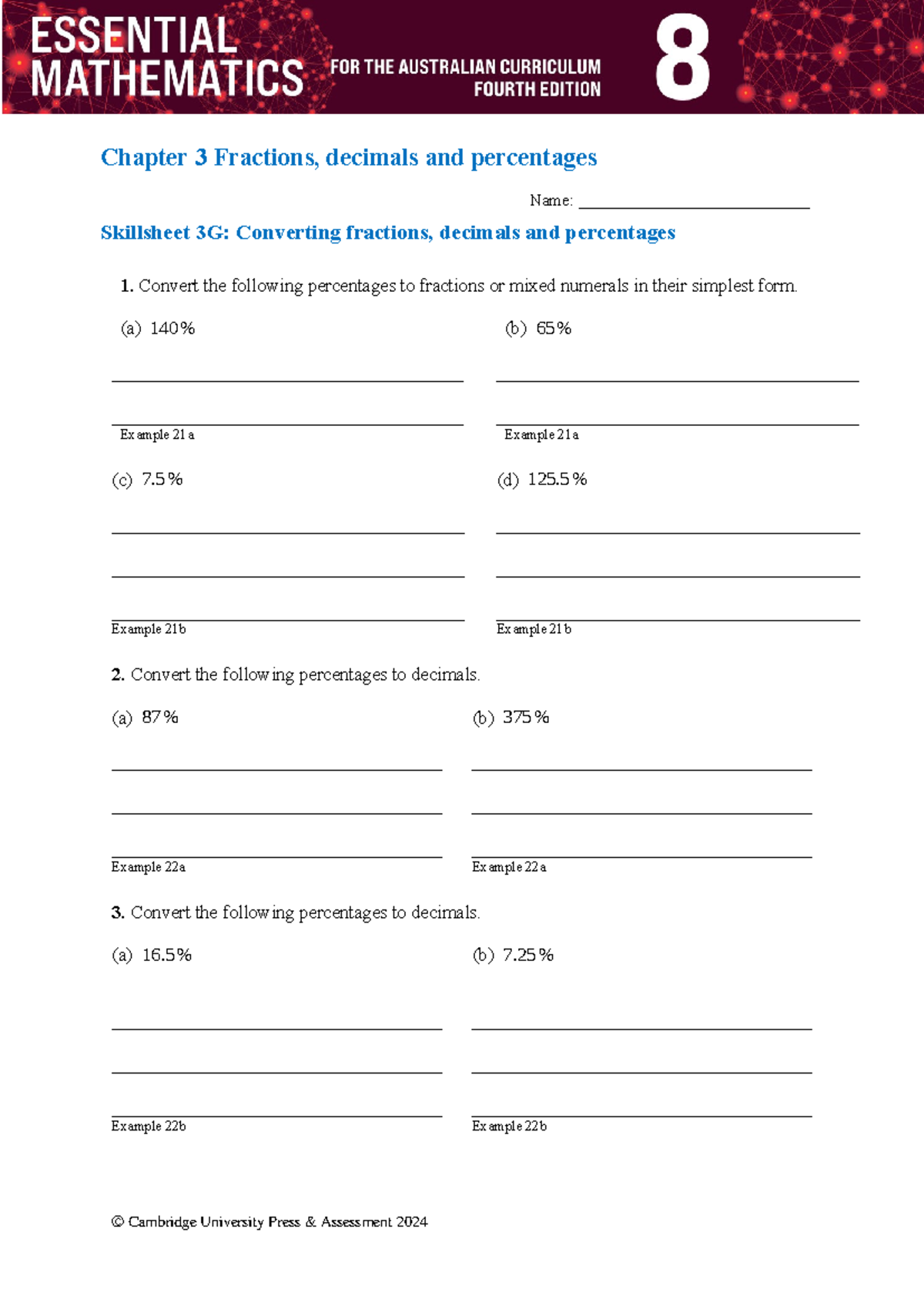 EMAC8 Final Exam Skillsheet 3G: Fractions, Decimals, Percentages - Studocu