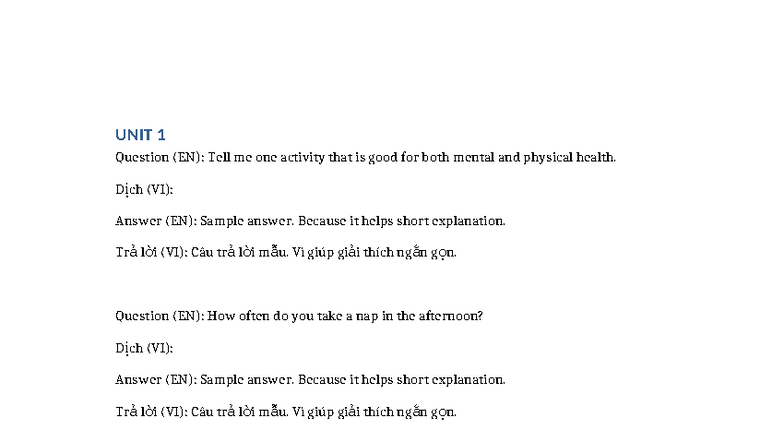 UNIT 1: Translated Answers for Health Questions - Studocu