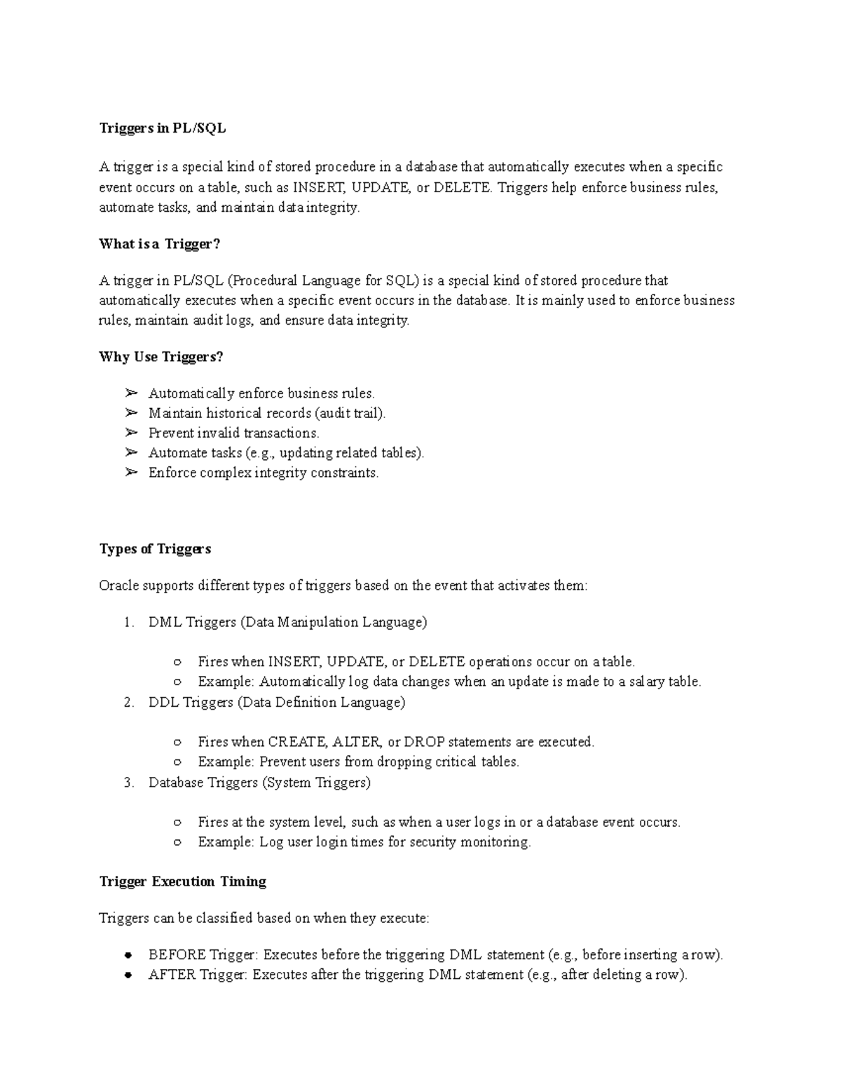 Triggers - Data base management system - Triggers in PL/SQL A trigger ...
