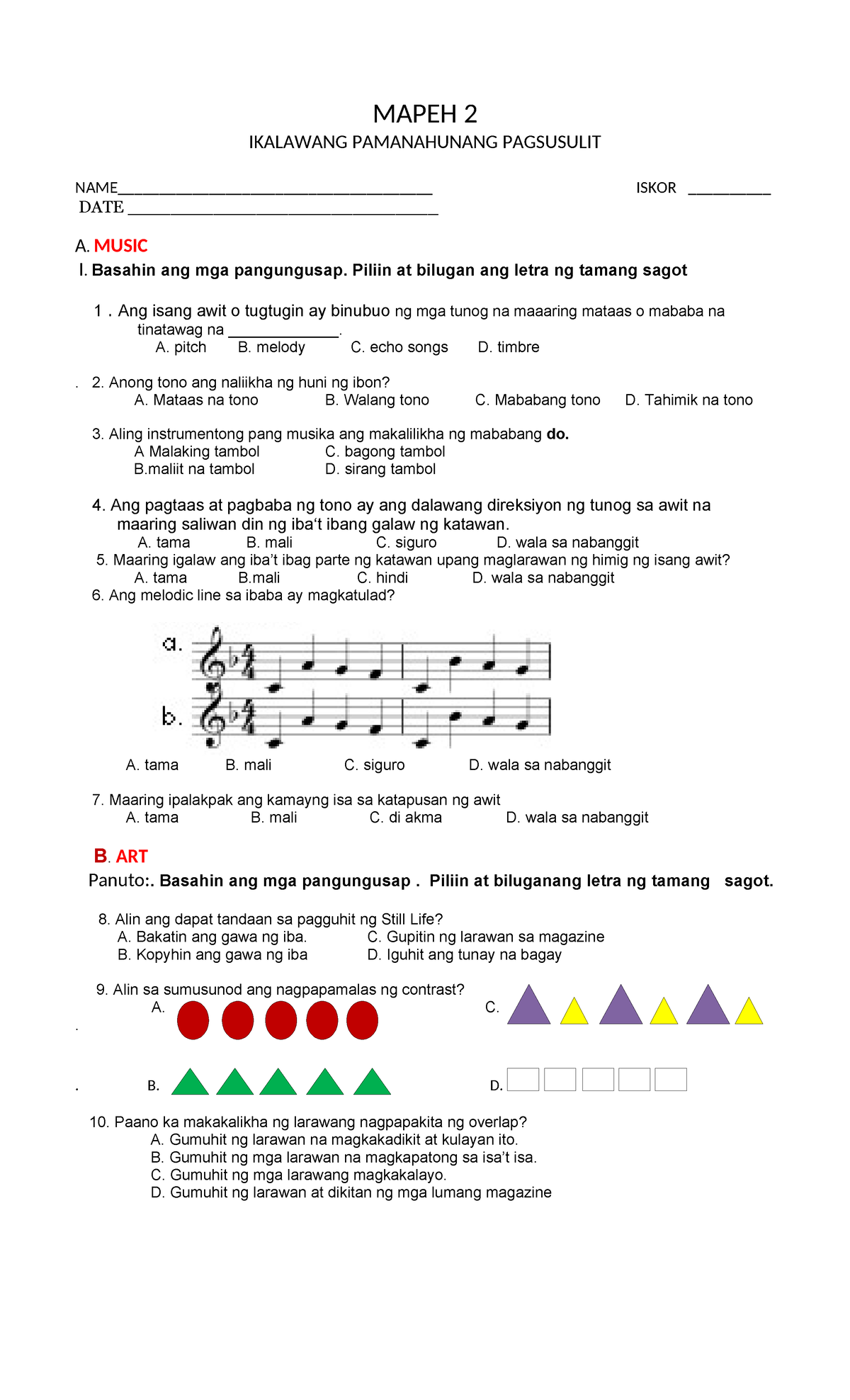 MAPEH 2 Q2 Ikalawang Pamanahunang Pagsusulit sa Musika, Sining, at PE ...