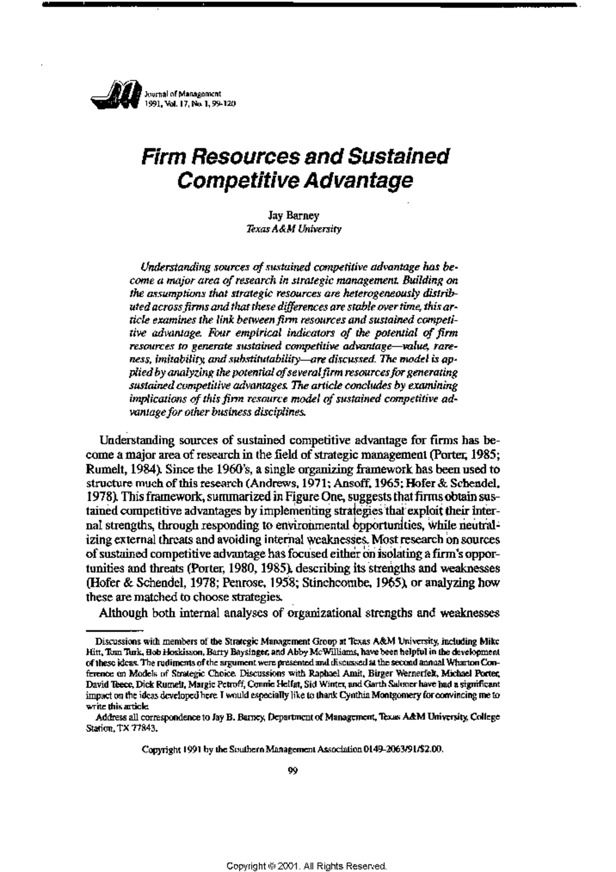 MA 2130 Firm Resources and Sustained Competitive Advantage Analysis ...