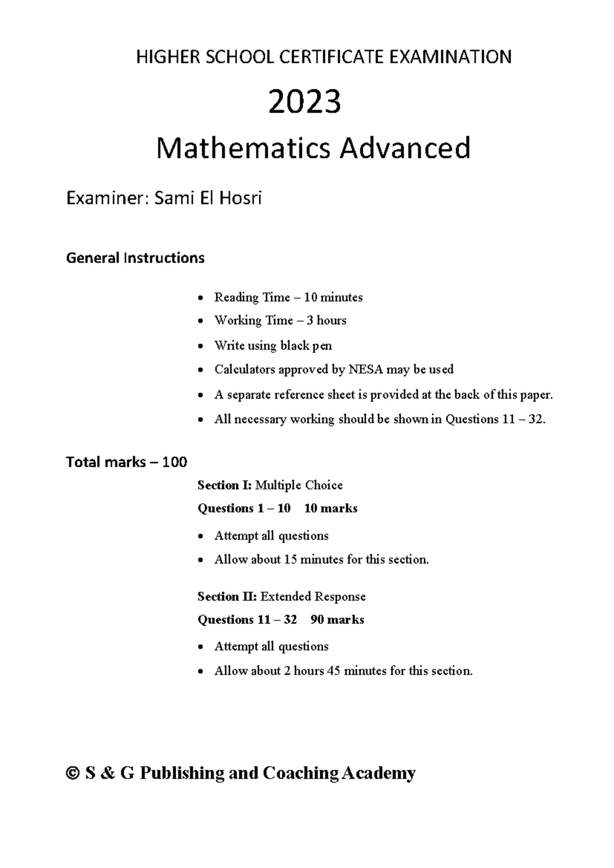 2023 HSC Mathematics Advanced Year 12 Exam Paper - Studocu