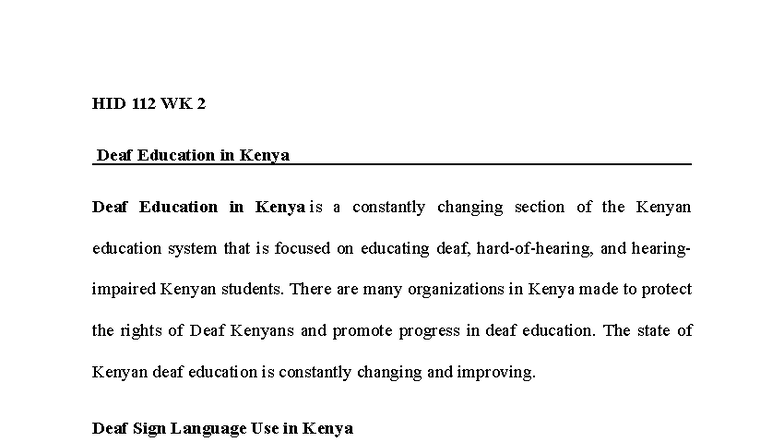 HID 112 WK 2 - Deaf Education and Kenyan Sign Language Insights - Studocu