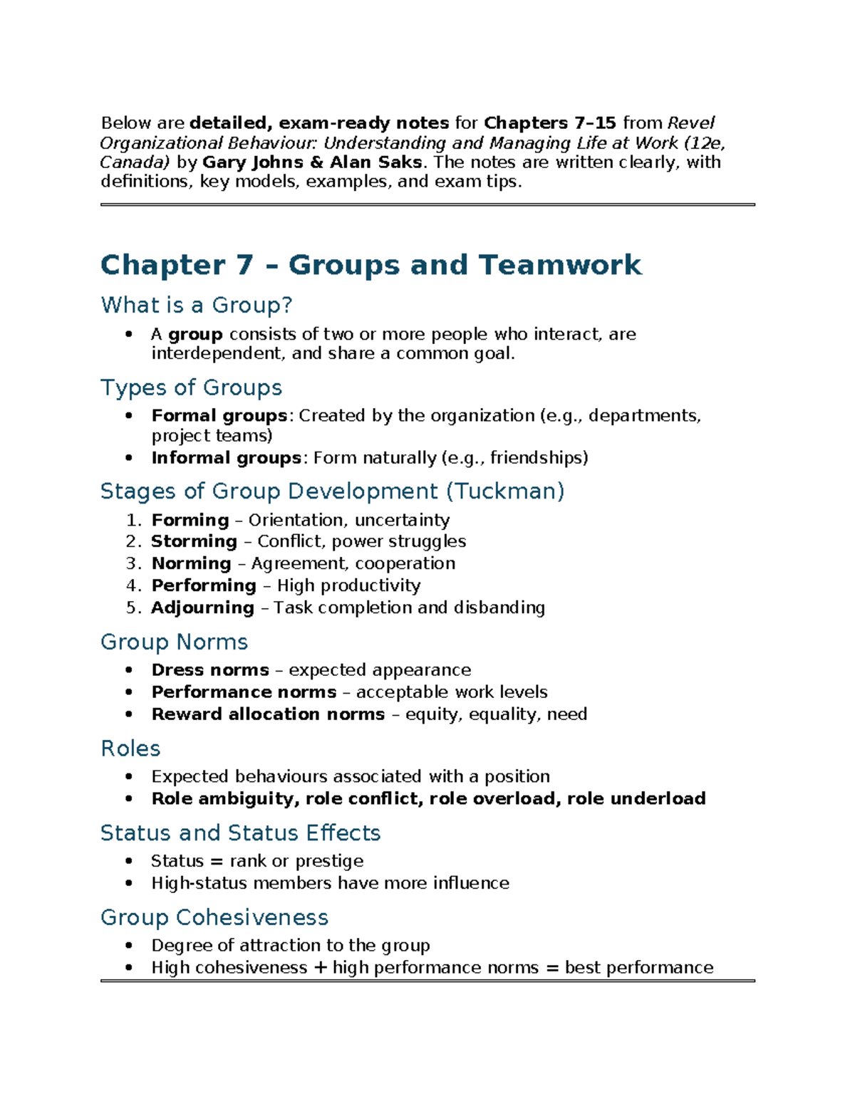 OB Notes: Chapters 7-15 Overview (Johns & Saks, Revel 12e Canada) - Studocu