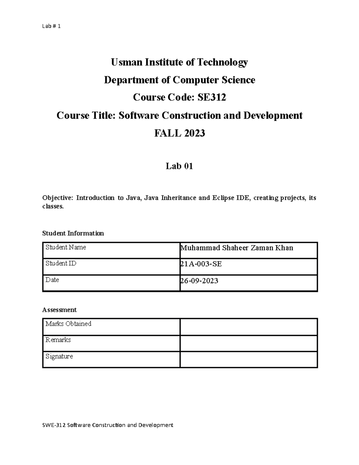 Lab01-Introduction to JAVA and Inheritance, and Eclipse IDE - Lab # 1 ...