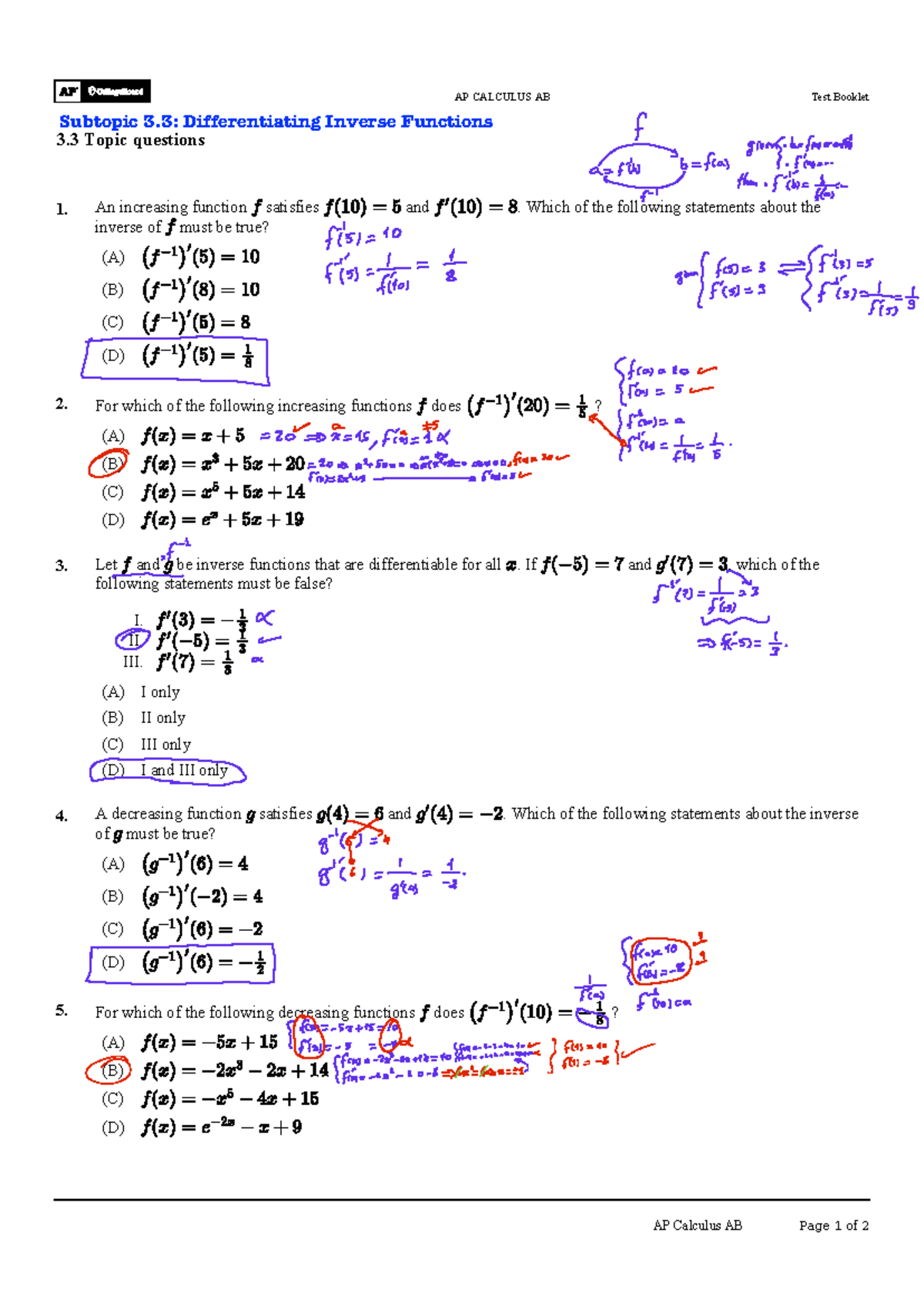 AP CALCULUS AB 3.3 Test Booklet: Inverse Functions & Differentiation ...