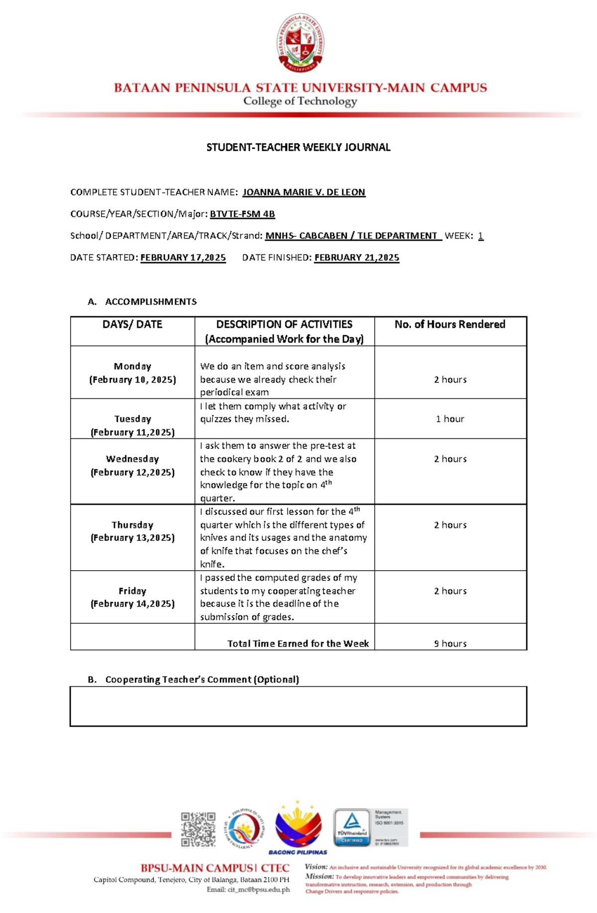 PT.-Sample-Weekly-Journal-2025 3rd week - STUDENT-TEACHER WEEKLY ...