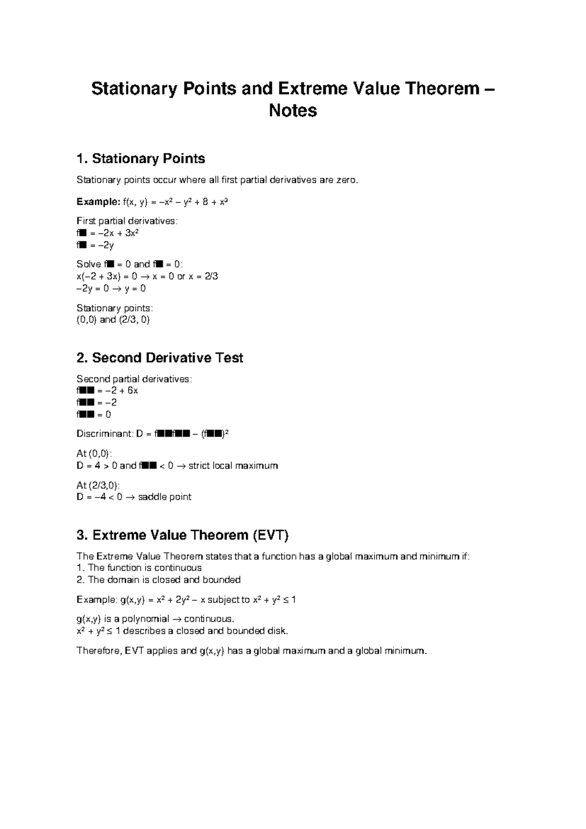 Multivariable Calculus: Stationary Points & EVT Notes - Studeersnel