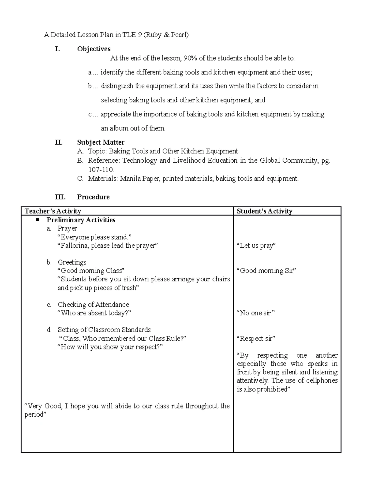 Bread and pastry Lesson Plan - I. Objectives At the end of the lesson ...