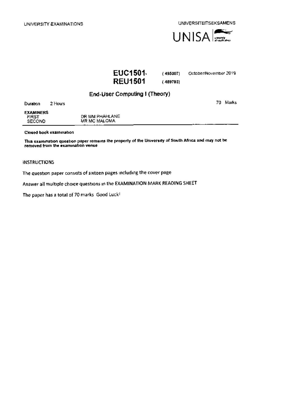 EUC1501 Question Paper - Comprehensive Review for Students - Studocu