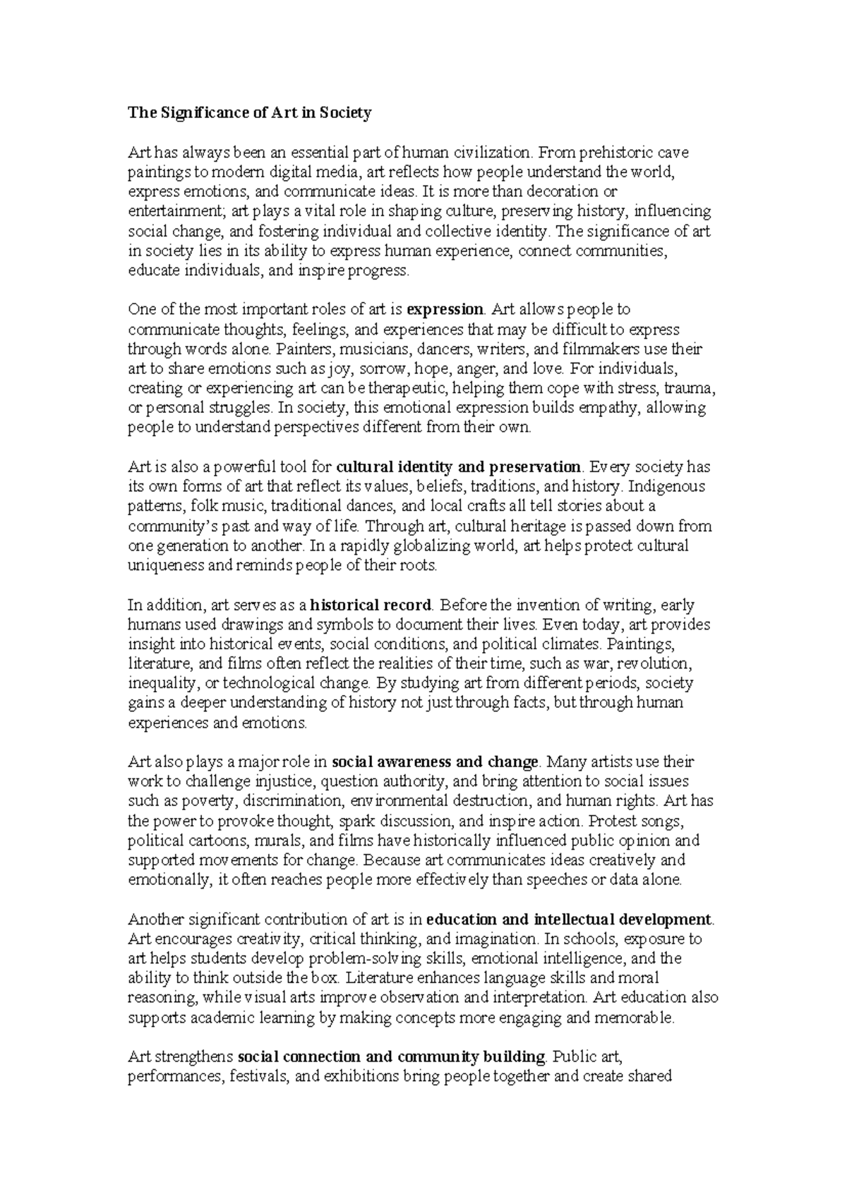 The Role of Art in Society: Expression, Culture, and Change - Studocu