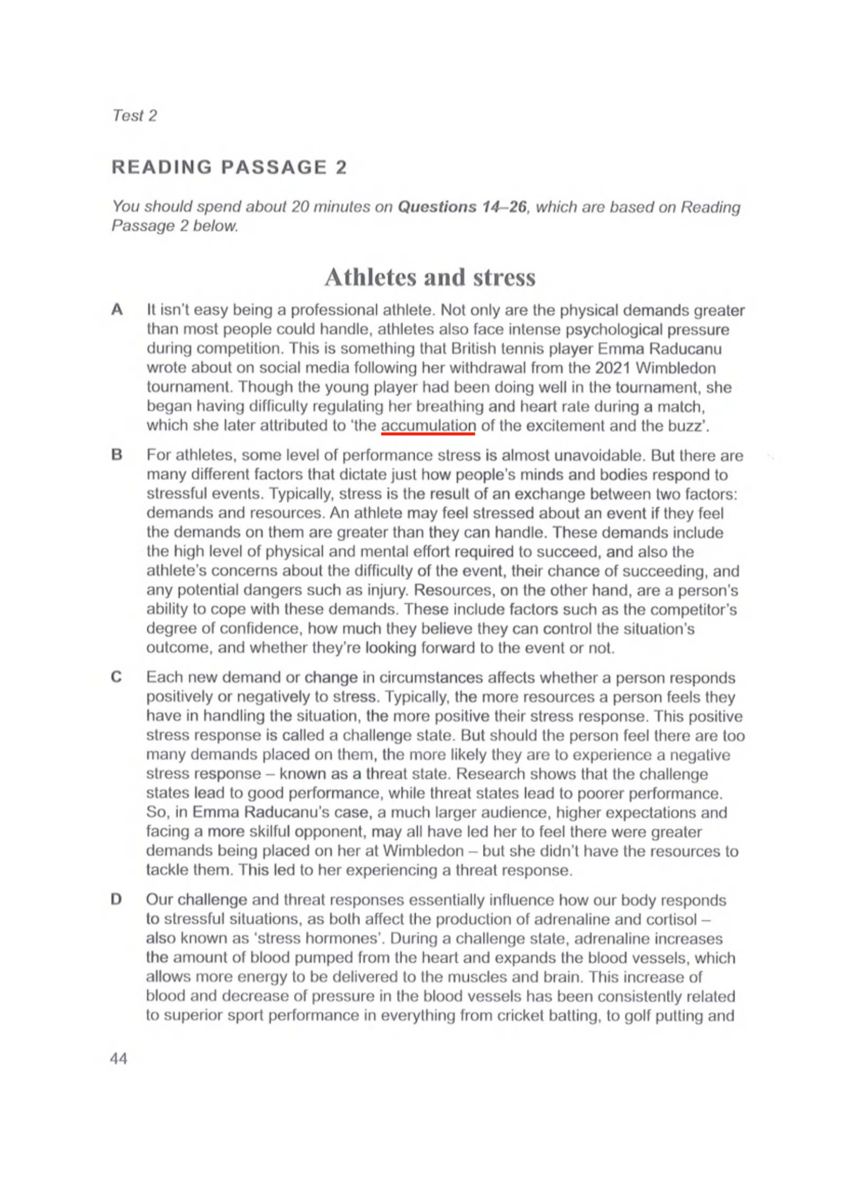 Cambridge 19 Reading Test 2: Athletes and Stress Analysis - Studocu