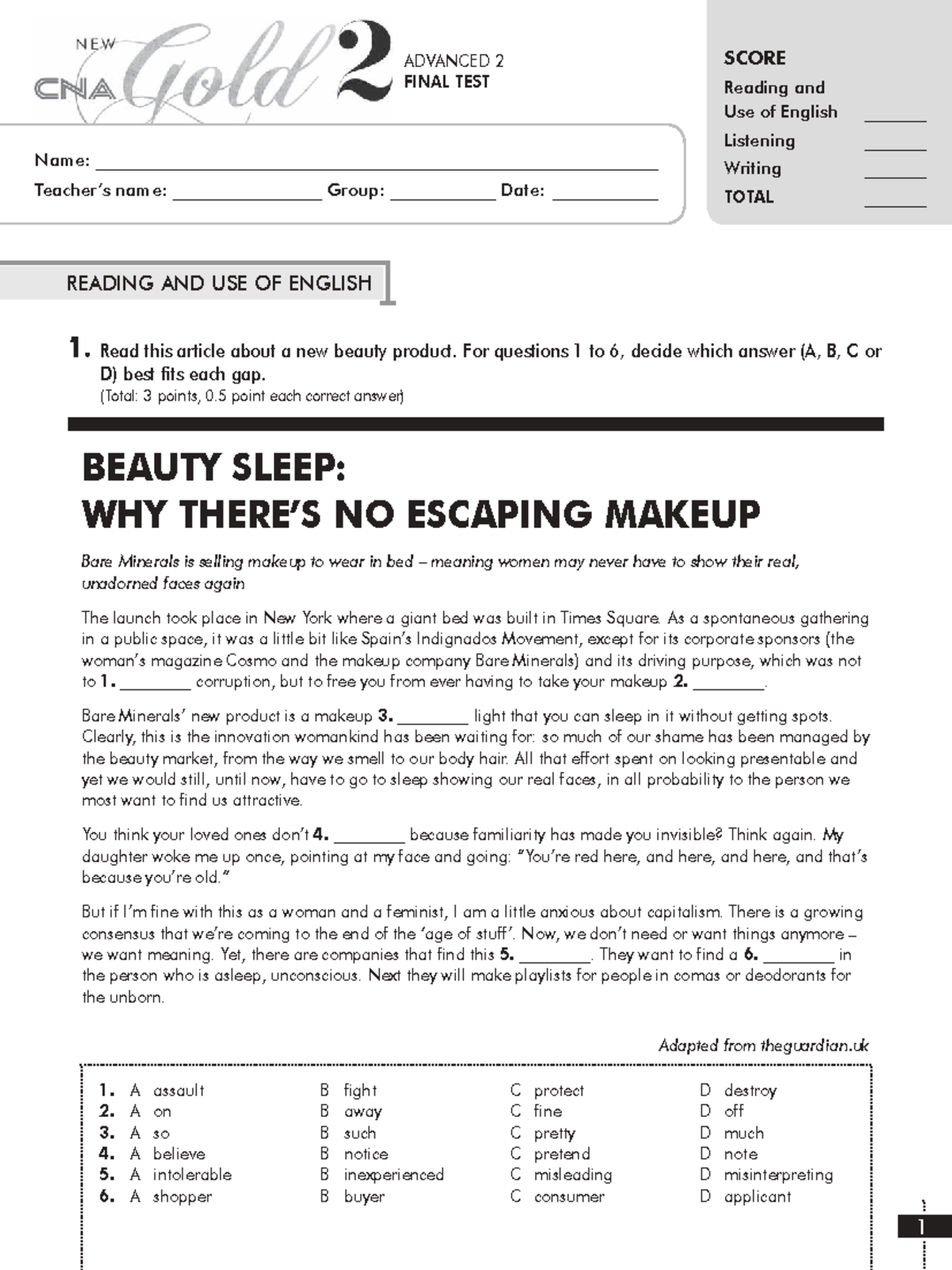 Advanced 2 Final Test - Reading, Listening & Writing - Studocu