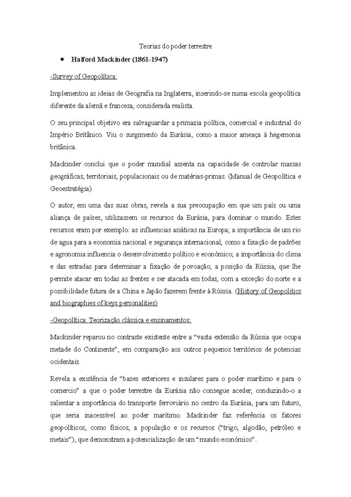 Teorias do Poder Terrestre: Análise de Mackinder e Spykman - Studocu