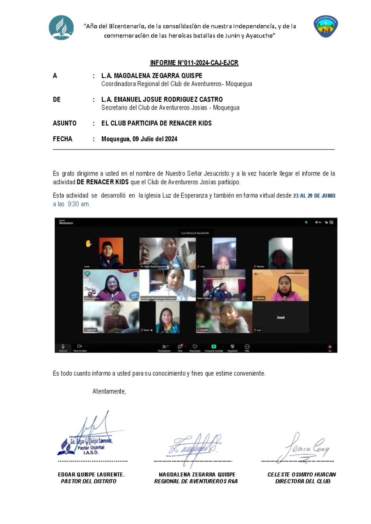 Informe Josias Rebacer KIDS - “Año del Bicentenario, de la ...