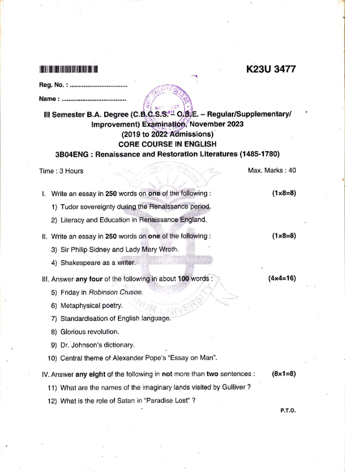 Renaissance and Restoration Literatures (3B04ENG) Exam Notes - Studocu