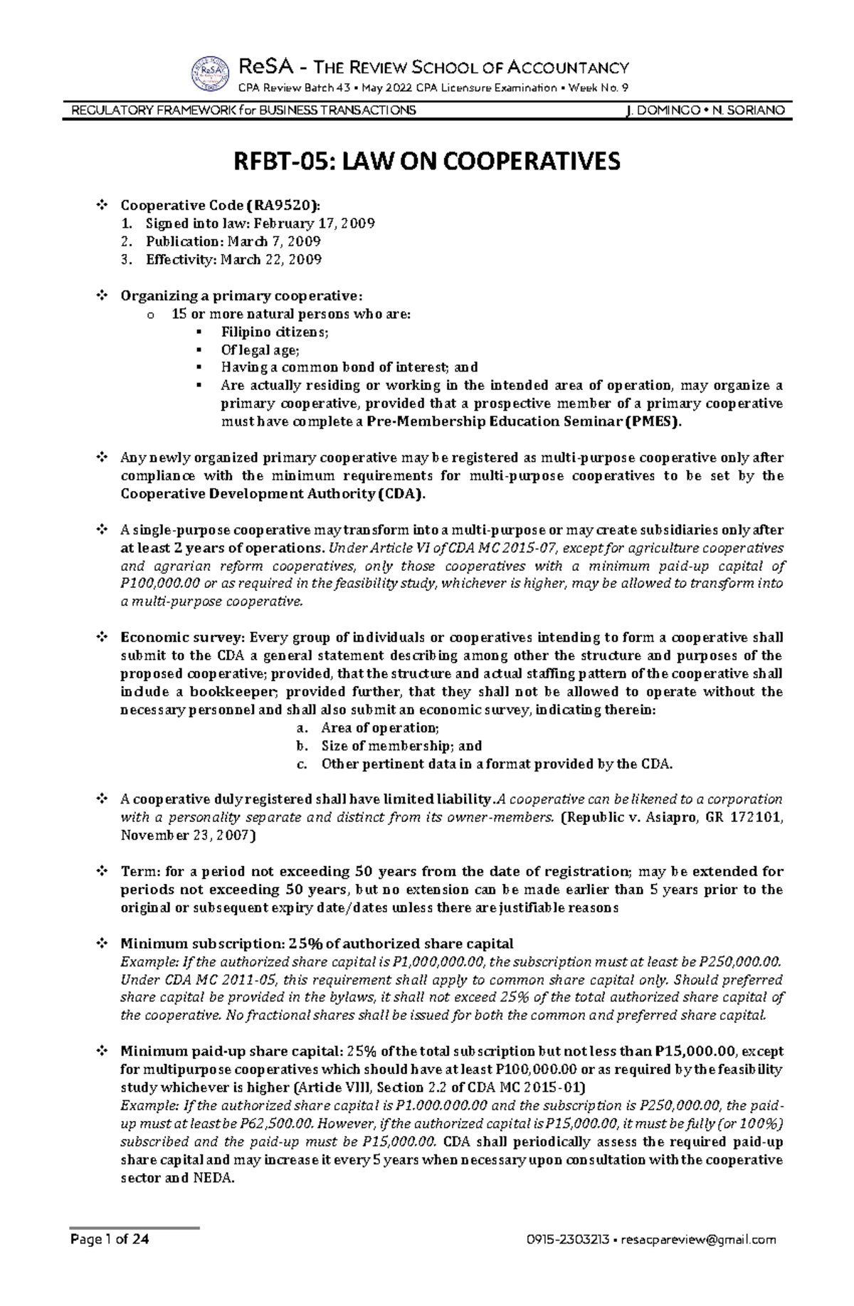 ReSA CPA Review Batch 43: Week 9 - Law on Cooperatives Overview - Studocu